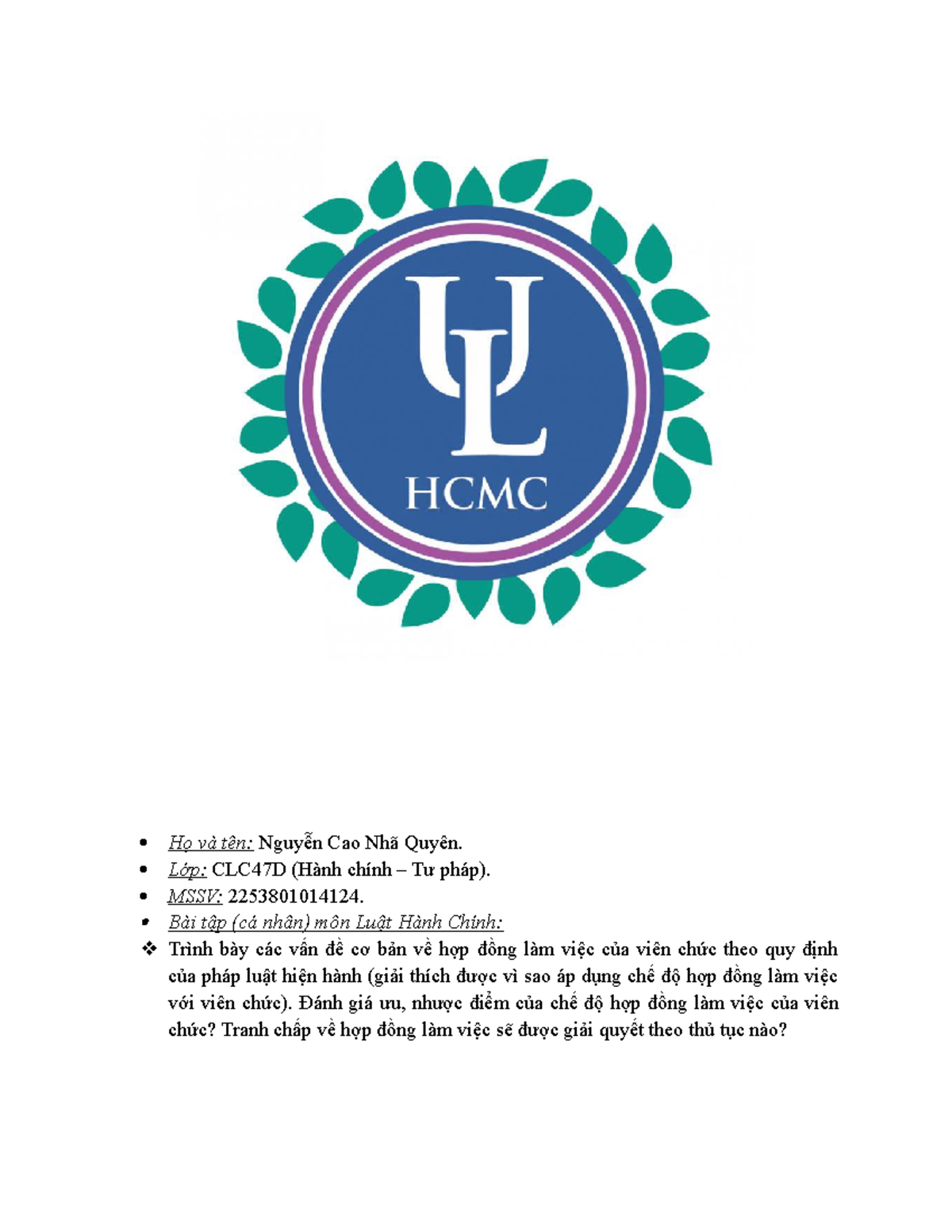 Bài-tập-LHC2 - khoa hành chính nhà nước - Họ và tên: Nguyễn Cao Nhã ...
