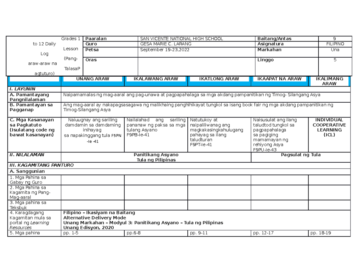Fil 9-w5 - DLL SA FILIPINO 9-1ST Q - Grades 1 to 12 Daily Lesson Log (Pang- araw-araw na TalasaP ...