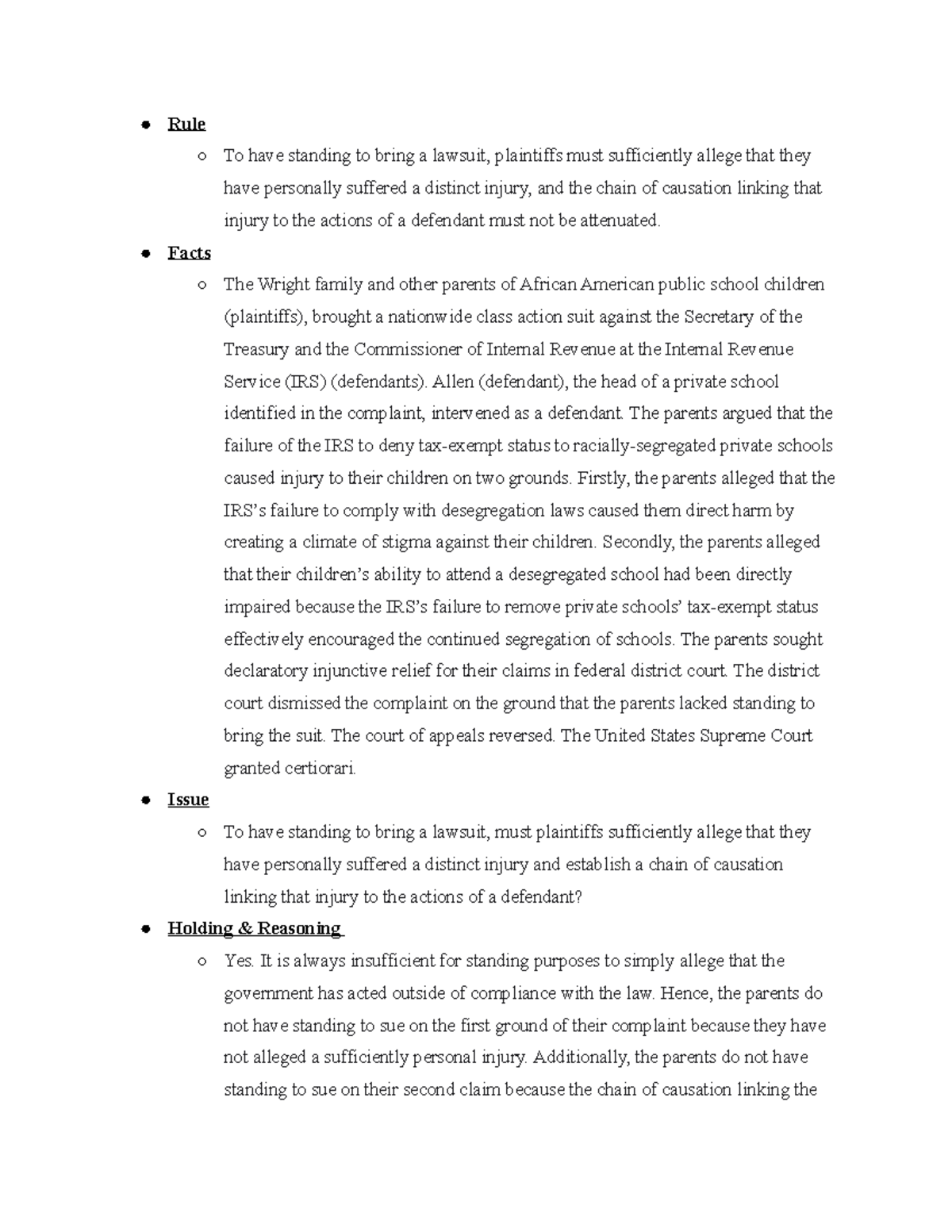 Con Law 2021- Allen v. Wright - Rule To have standing to bring a ...