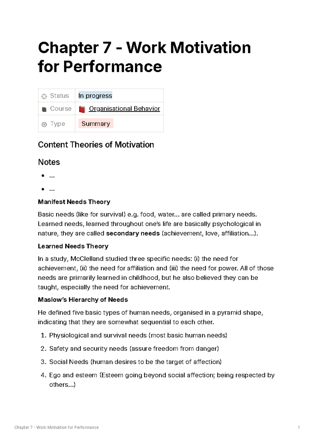 Chapter 7 - Work Motivation for Performance - .. ... Manifest Needs ...