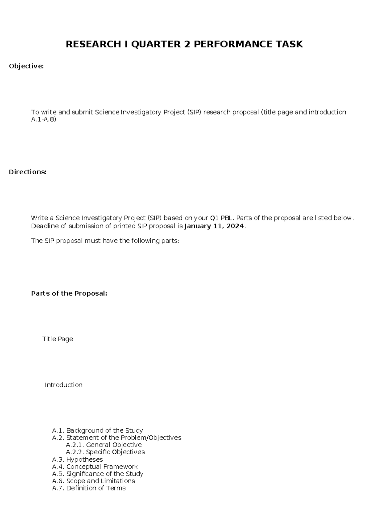 Research Q 2-PBL-1 - RESEARCH I QUARTER 2 PERFORMANCE TASK Objective ...