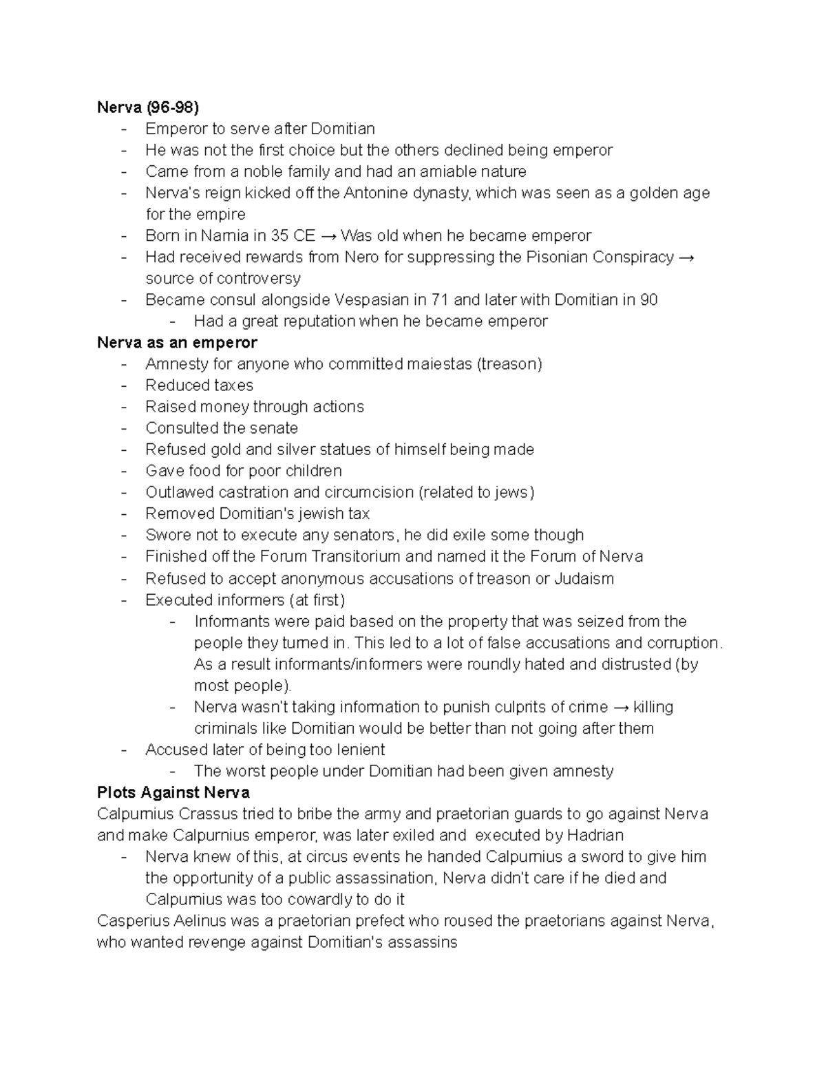 Classics 2480 week 6 - Notes for week 6 for 2480 roman emperors - Nerva ...