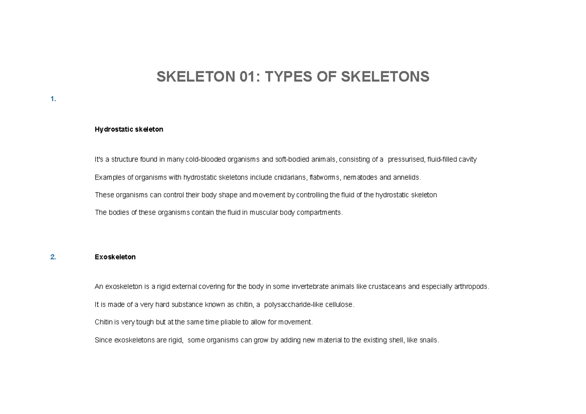 Skeleton 01 - notes - SKELETON 01: TYPES OF SKELETONS 1. Hydrostatic ...