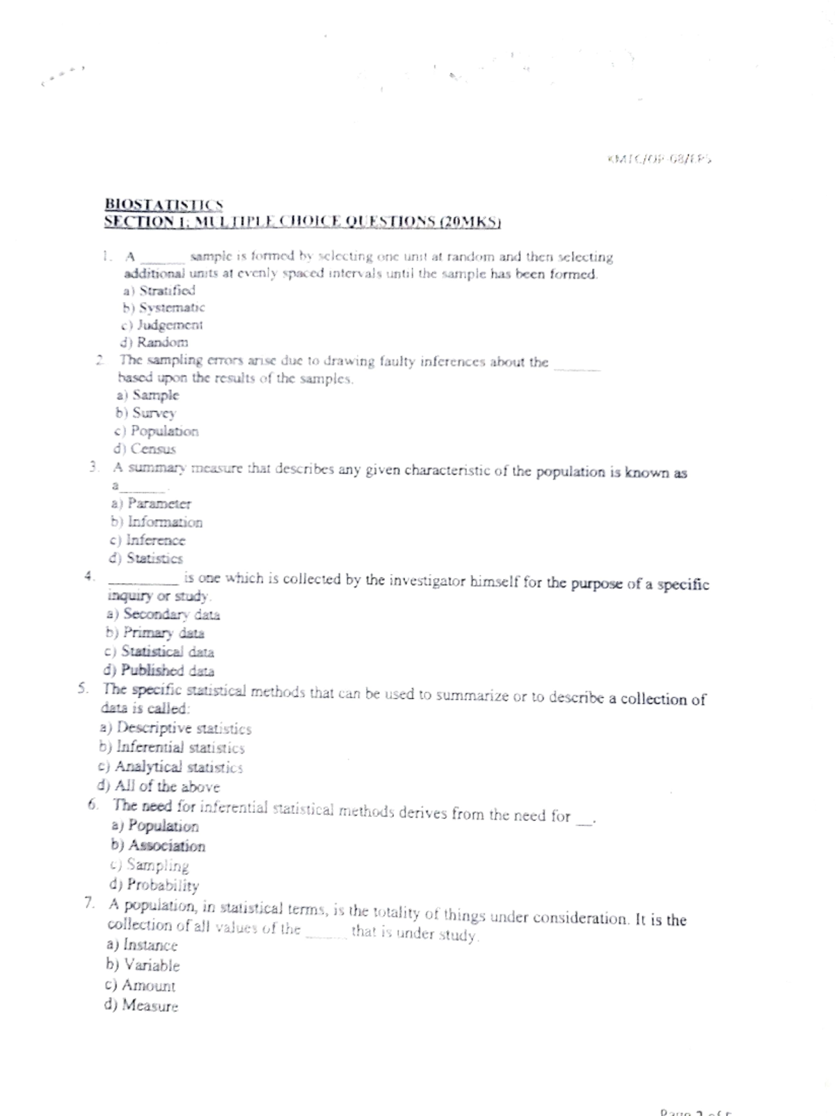 Biostat - BIOSTATISTICS SECTION 1: MULTIPLE CHOICE QUESTIONS (20MKS) 1 ...