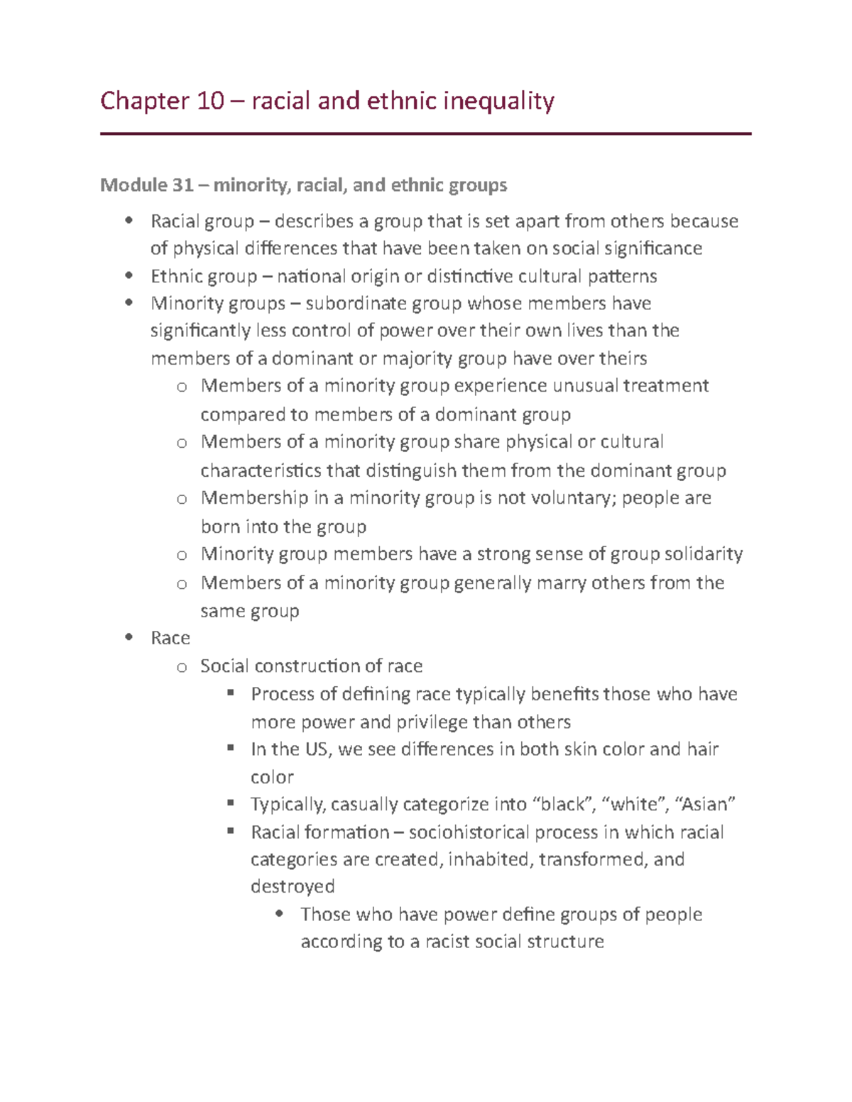 Chapter 10 - Lecture notes 10 - Chapter 10 – racial and ethnic ...