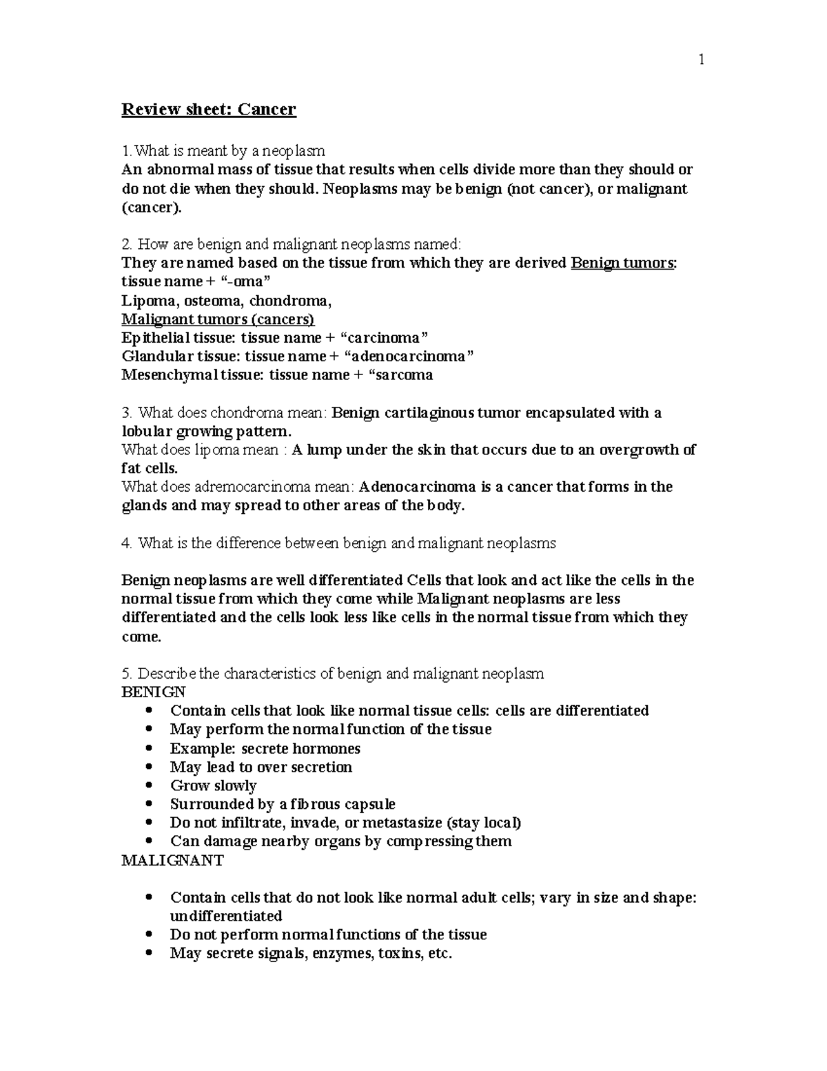 Work sheet-neoplasms - Worksheet on neoplasm - Review sheet: Cancer 1 ...