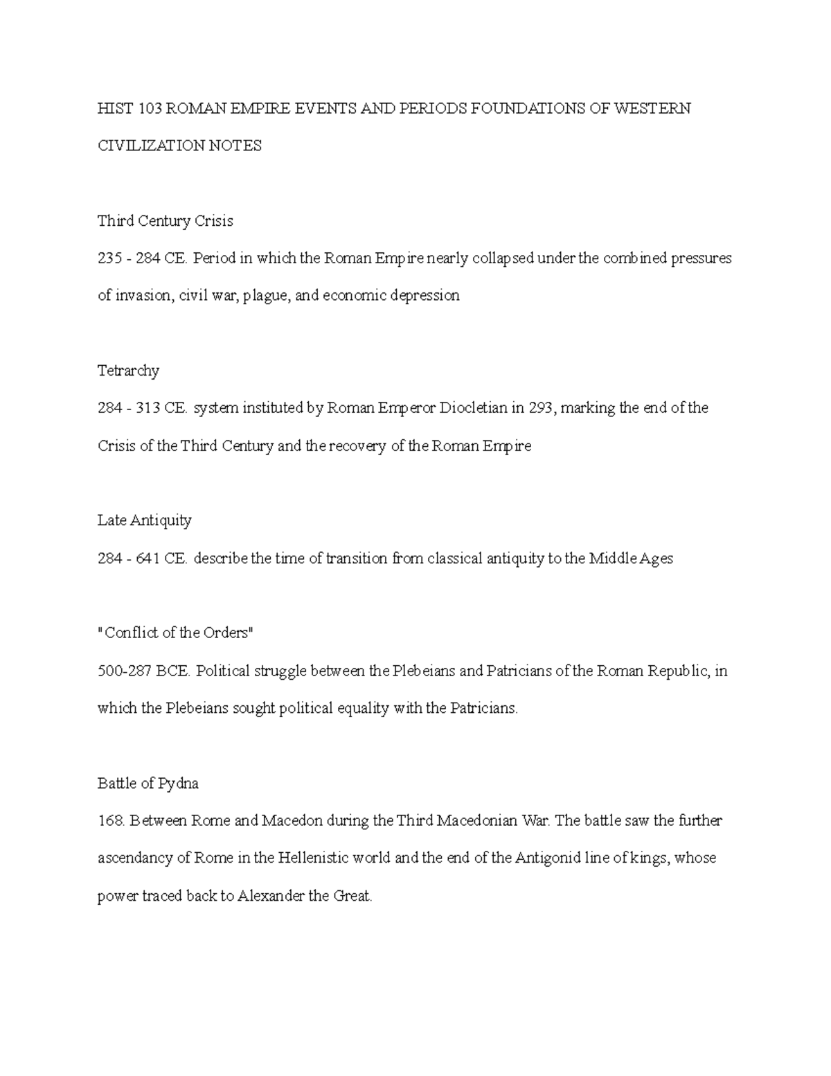 HIST 103 Roman Empire Events AND Periods Foundations OF Western ...