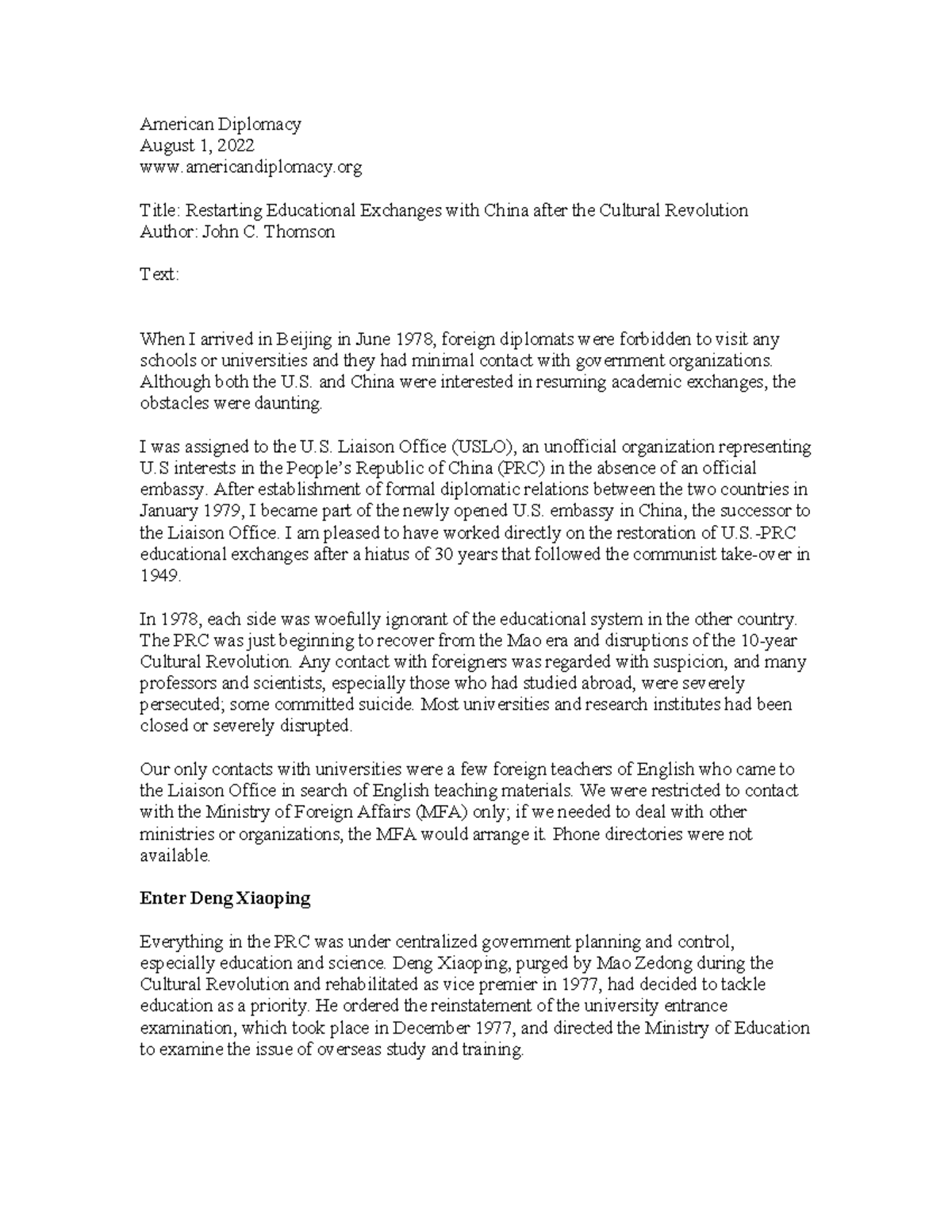 Restarting Educational Exchang - Thomson Text: When I arrived in ...