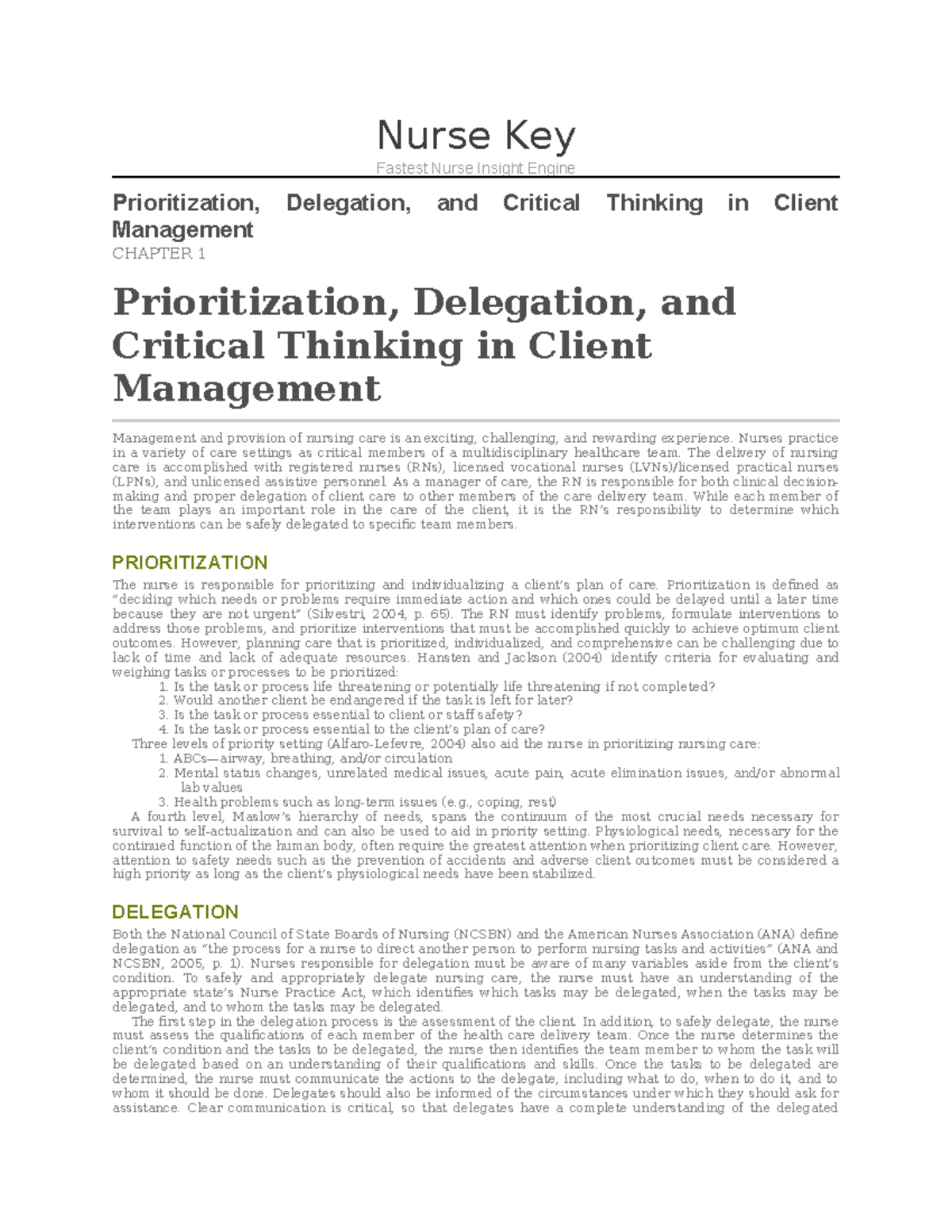 Nurse Delegation - Nurse Key Fastest Nurse Insight Engine ...