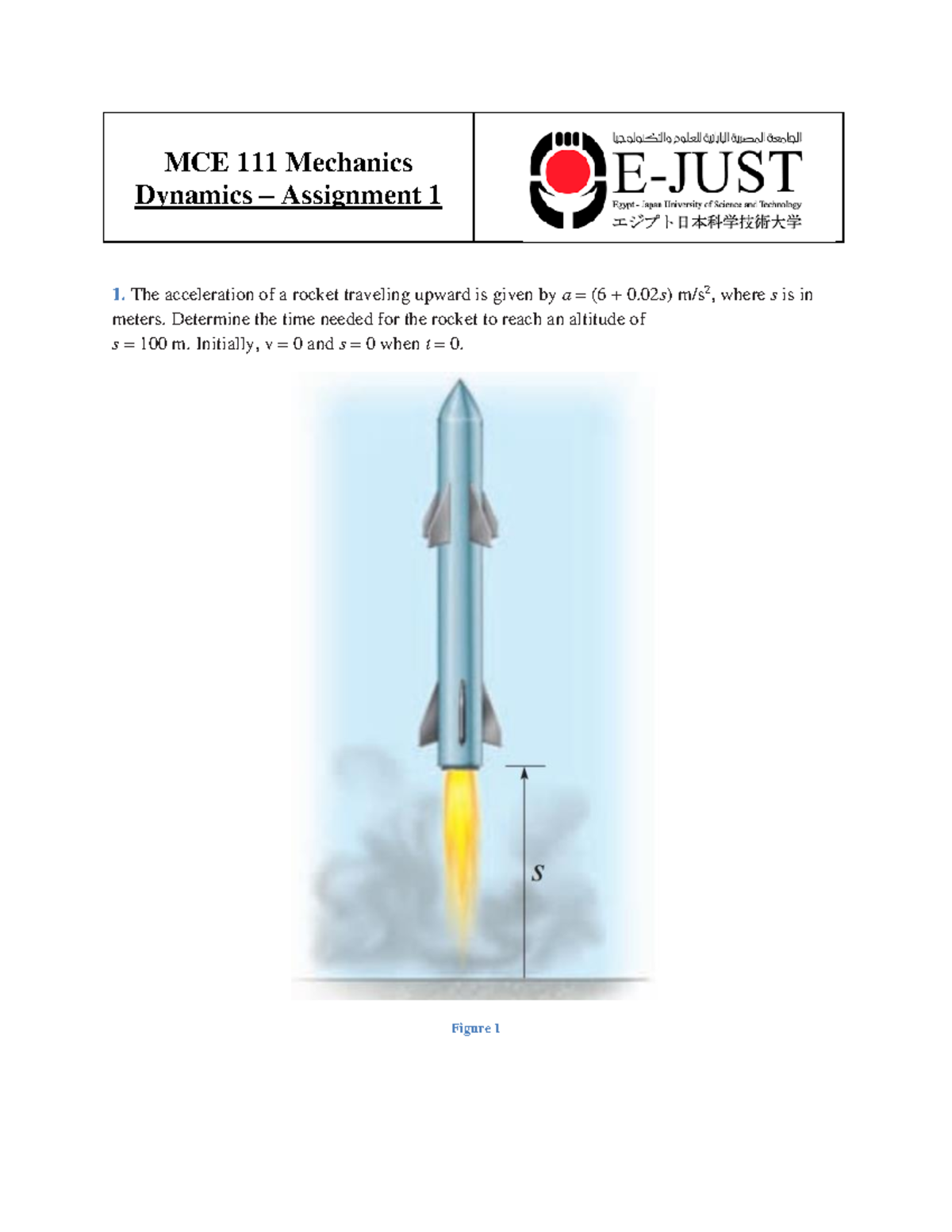 Dynamics Assignment 1 - MCE 111 Mechanics Dynamics – Assignment 1 The ...