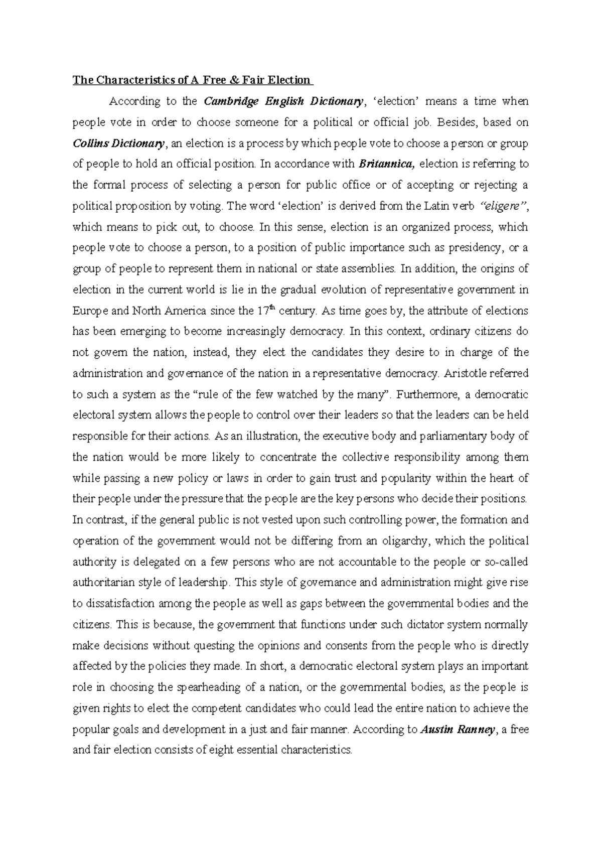 The Characteristics of a Free & Fair Election - The Characteristics of ...