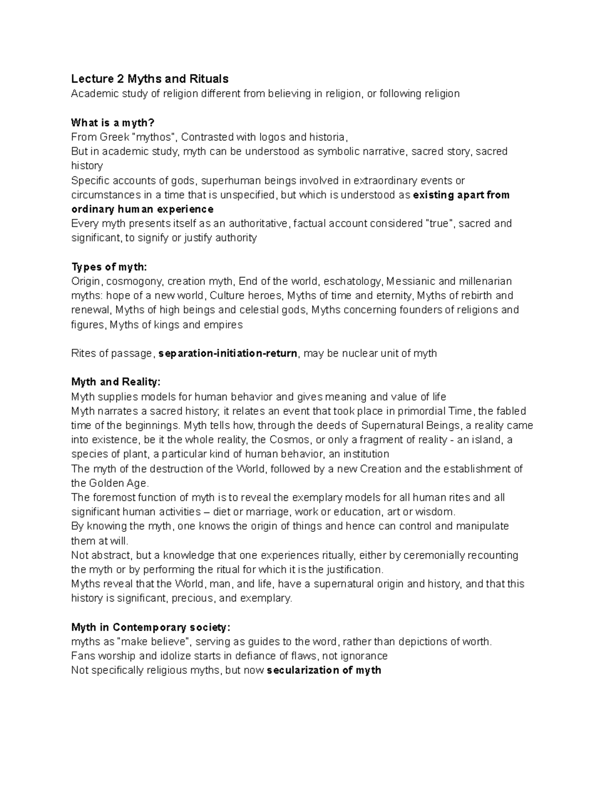 ETST Notes - Lecture 2 Myths and Rituals Academic study of religion ...