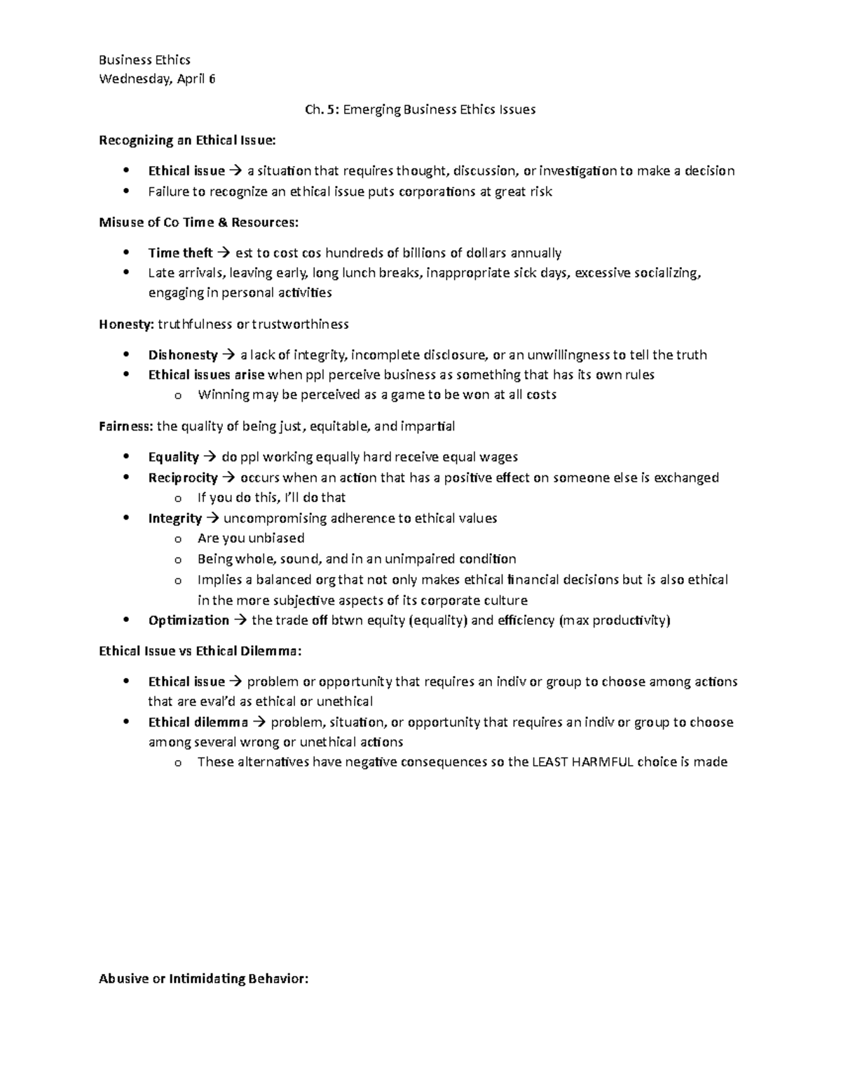 Ch. 5 Notes - Business Ethics with Oliva - Business Ethics Wednesday ...