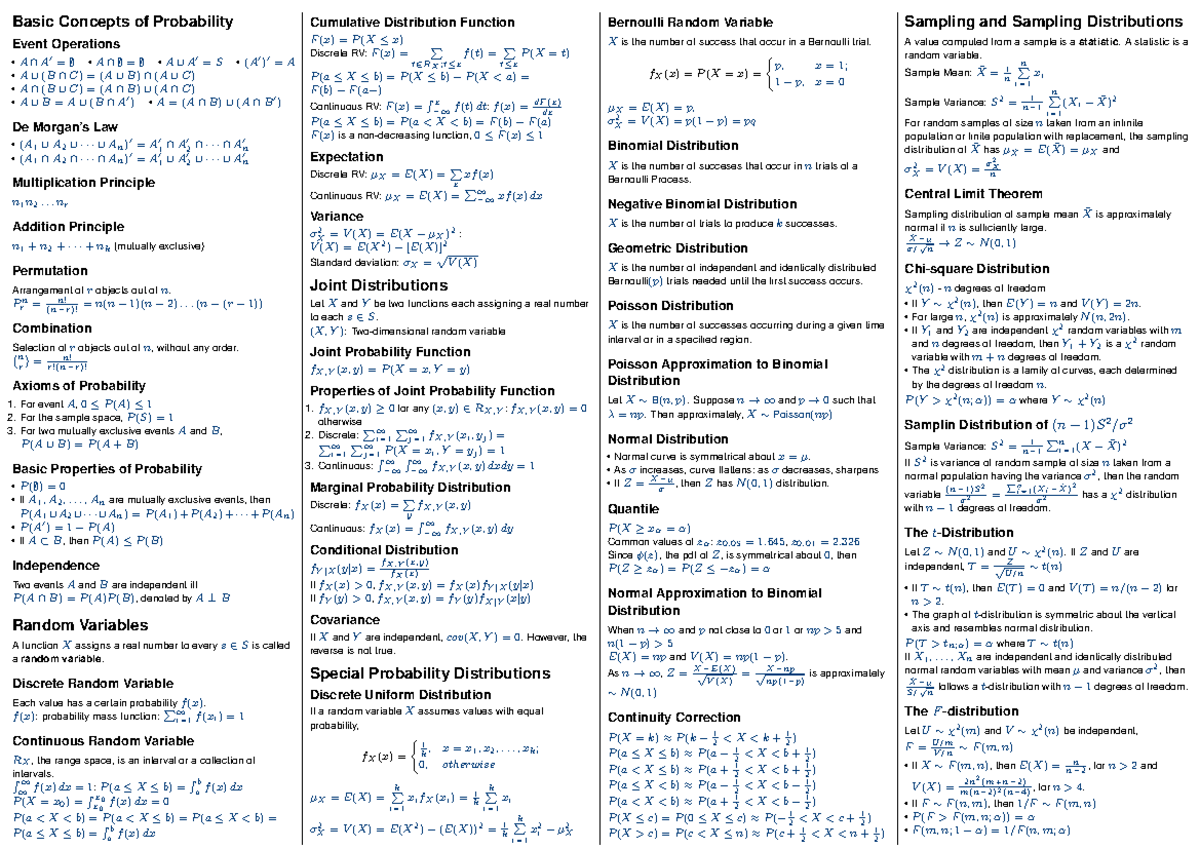 Finals cheatsheet - Basic Concepts of Probability Event Operations • A ∩ A ′ = ∅ • A ∩ ∅ = ∅ • A ...