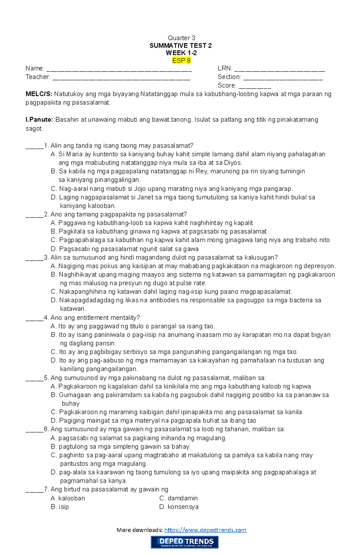 St ESP 8 wk1-2 - Revie materials - Quarter 3 SUMMATIVE TEST 2 WEEK 1 ...