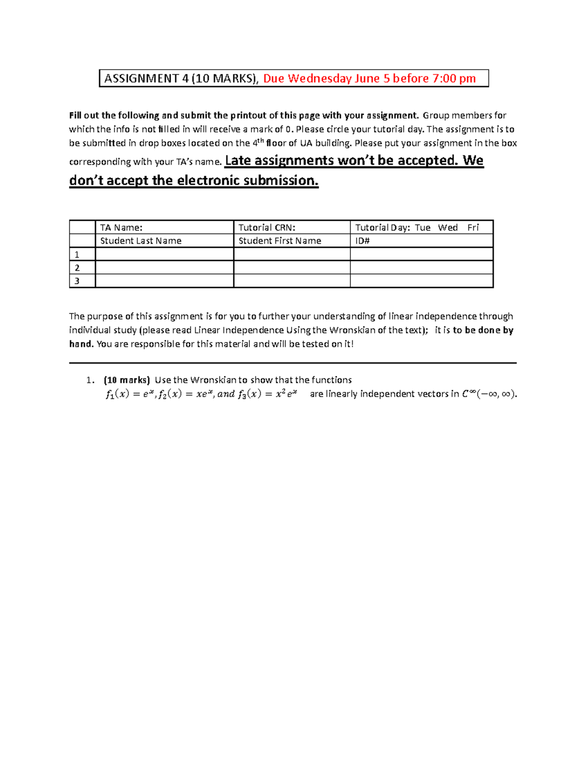 Assignment 4 - ez stuff - ASSIGNMENT 4 (10 MARKS), Due Wednesday June 5 ...