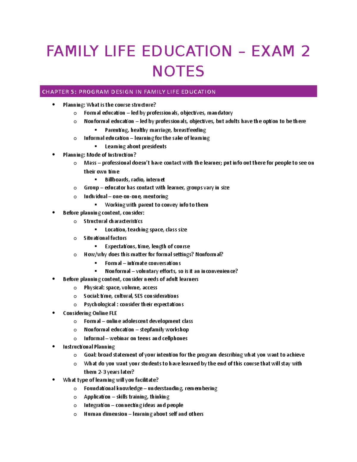 FLE Class Notes 2 - FAMILY LIFE EDUCATION – EXAM 2 NOTES CHAPTER 5 ...
