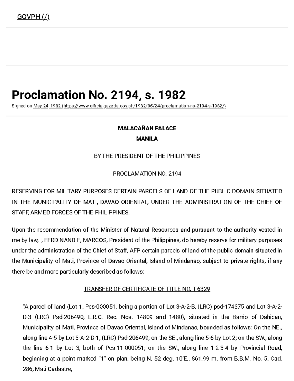 PP 2194 s. 1982 - Proclamation No. 2194, s. 1982 Signed on May 24, 1982 - Studocu