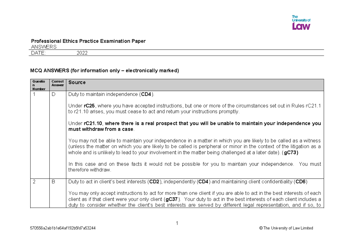 ULaw Mock Answers - bar course - Professional Ethics Practice ...
