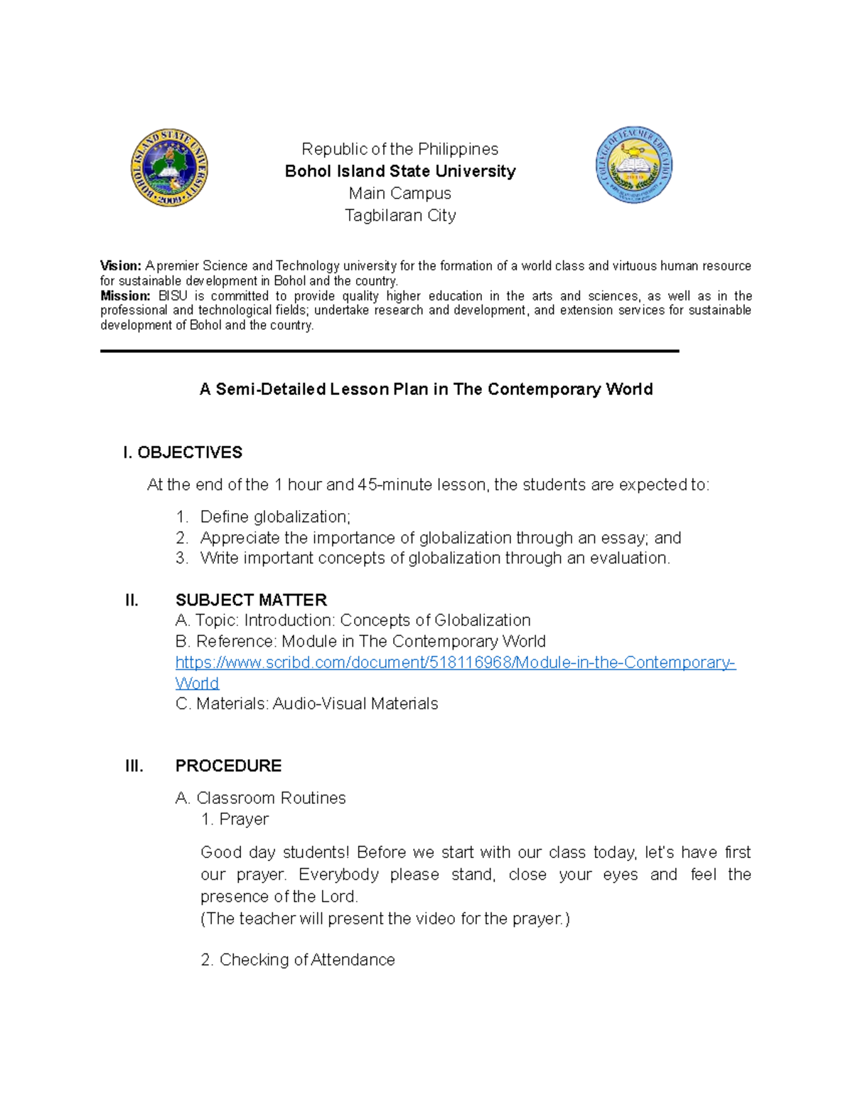 Lesson Plan in TCW - Republic of the Philippines Bohol Island State ...