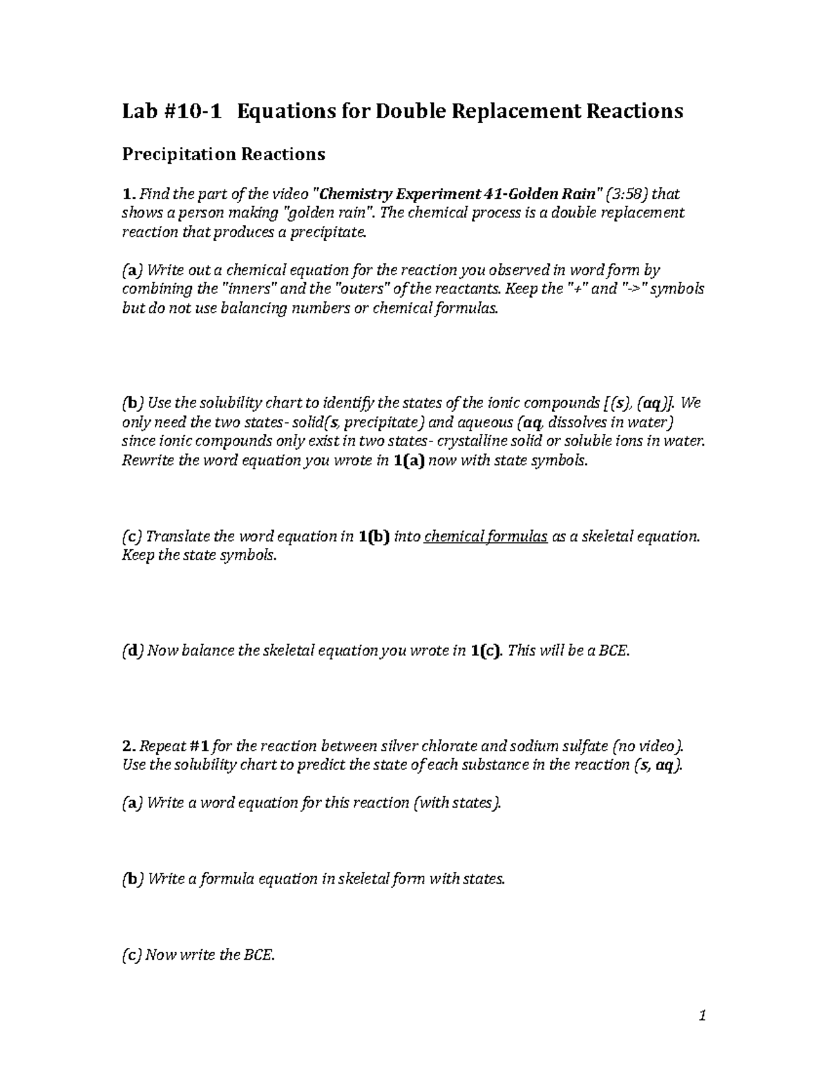 Lab #10-1 Chemical Reactions Sp21 - Lab #10-1 Equations for Double ...