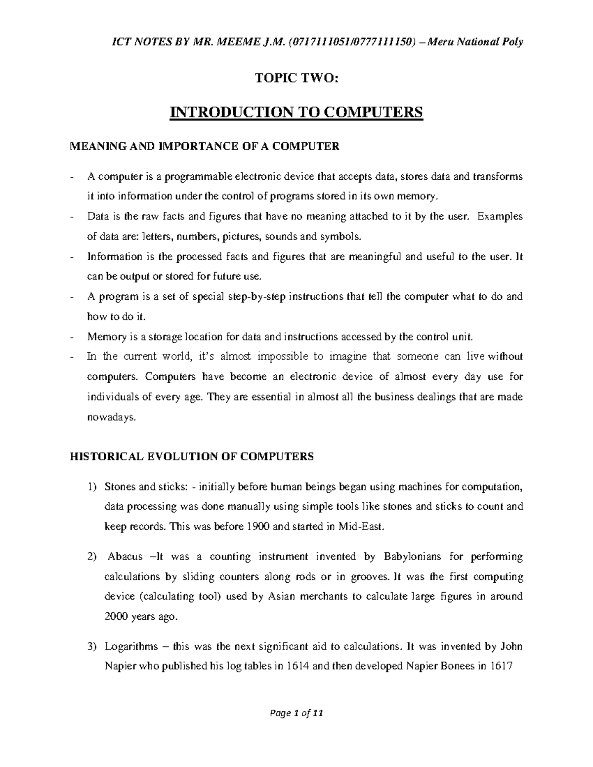 Topic TWO - Introdction TO Computers - TOPIC TWO: INTRODUCTION TO COMPUTERS MEANING AND ...