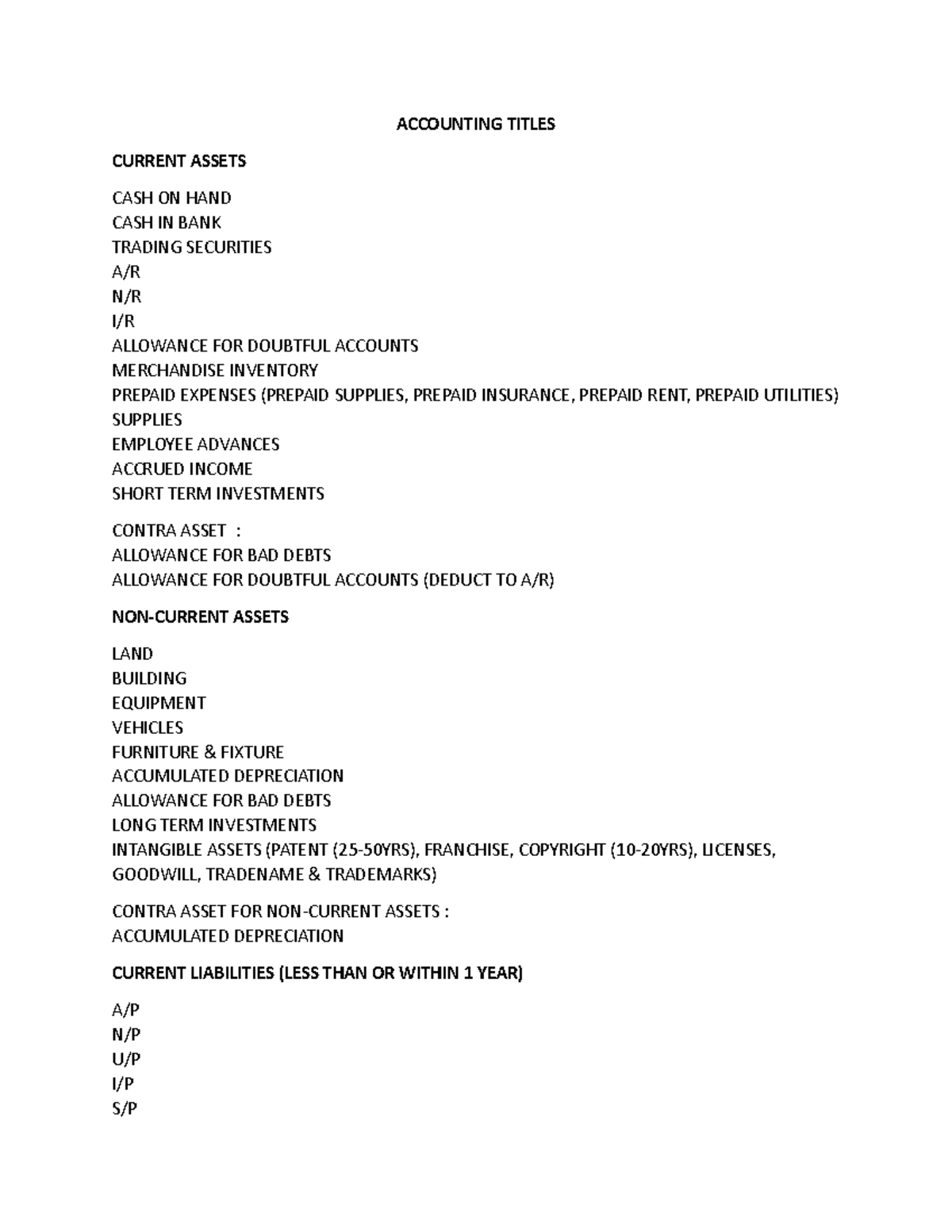 Accounting Titles - ACCOUNTING TITLES CURRENT ASSETS CASH ON HAND CASH ...