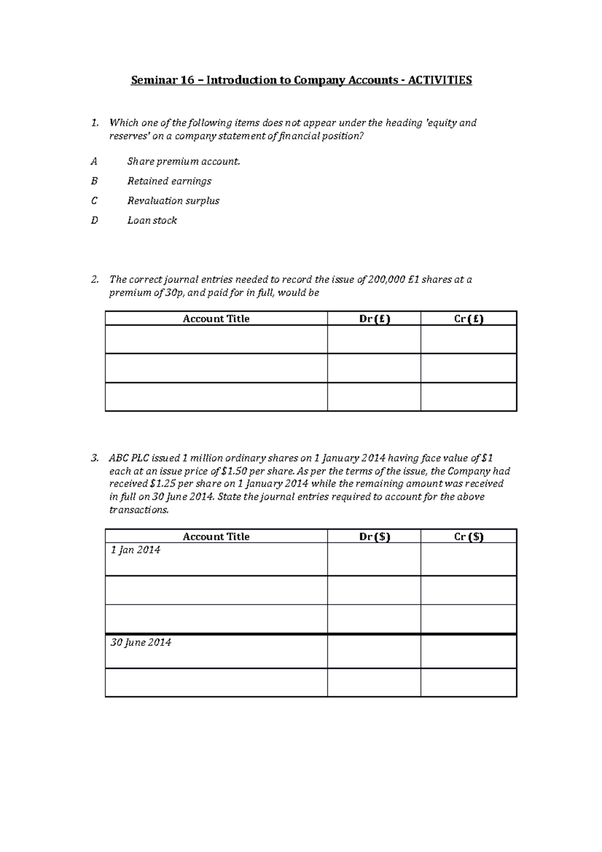Seminar 16 - Introduction to Company Accounts Activities - Seminar 16 ...