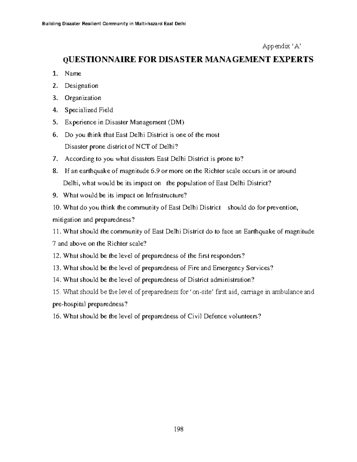 20 appendices - Appendix ‘A’ QUESTIONNAIRE FOR DISASTER MANAGEMENT ...