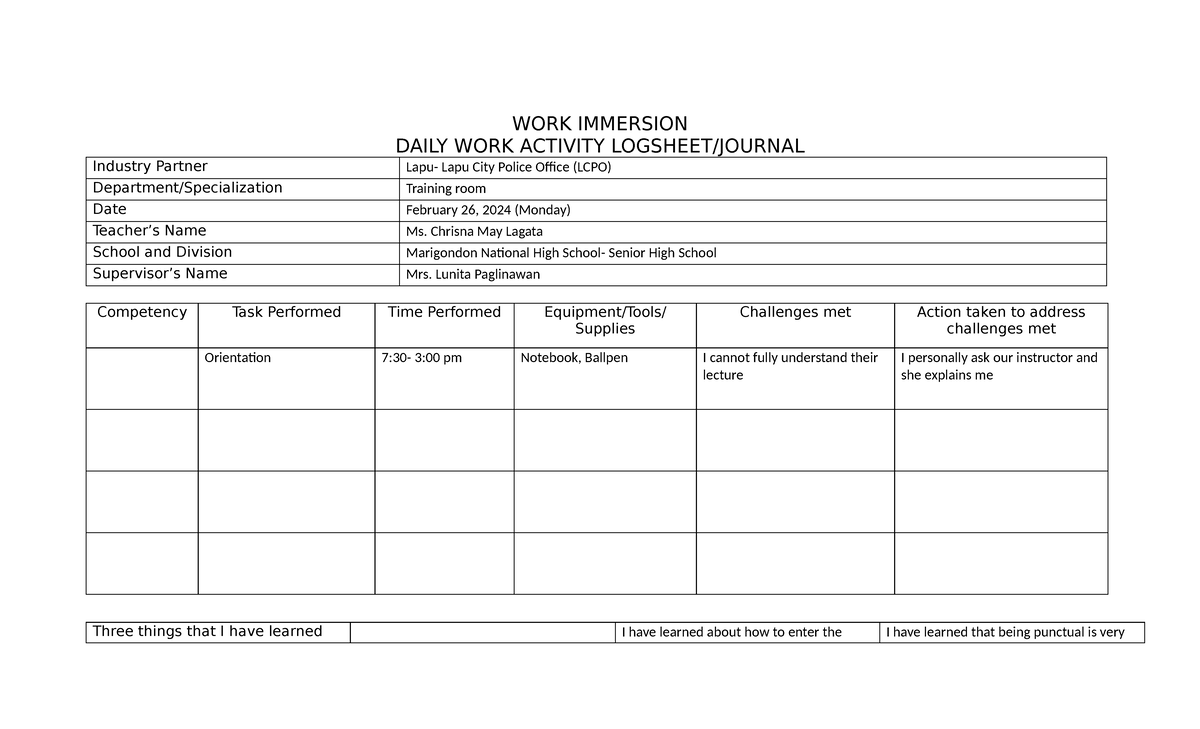 WORK Immersion Journal 10 - WORK IMMERSION DAILY WORK ACTIVITY LOGSHEET ...