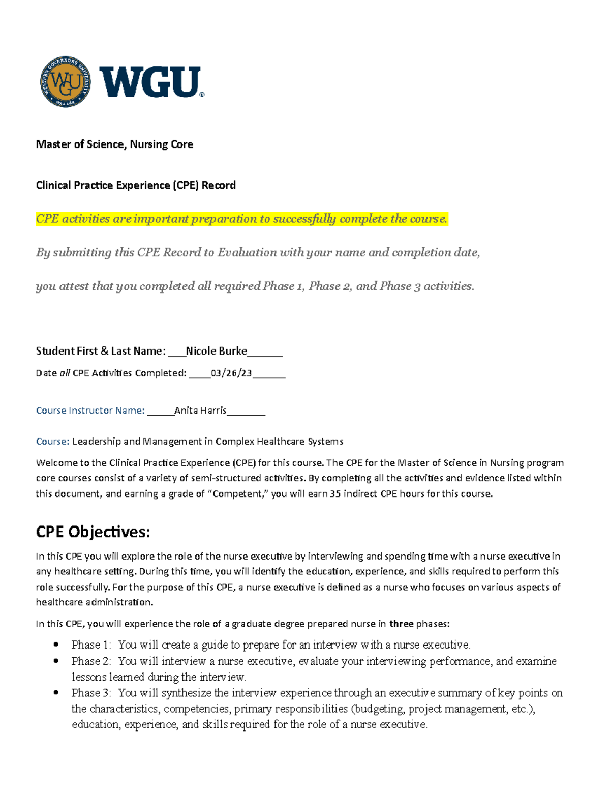 CPE Record D030 - N/A - Master of Science, Nursing Core Clinical ...