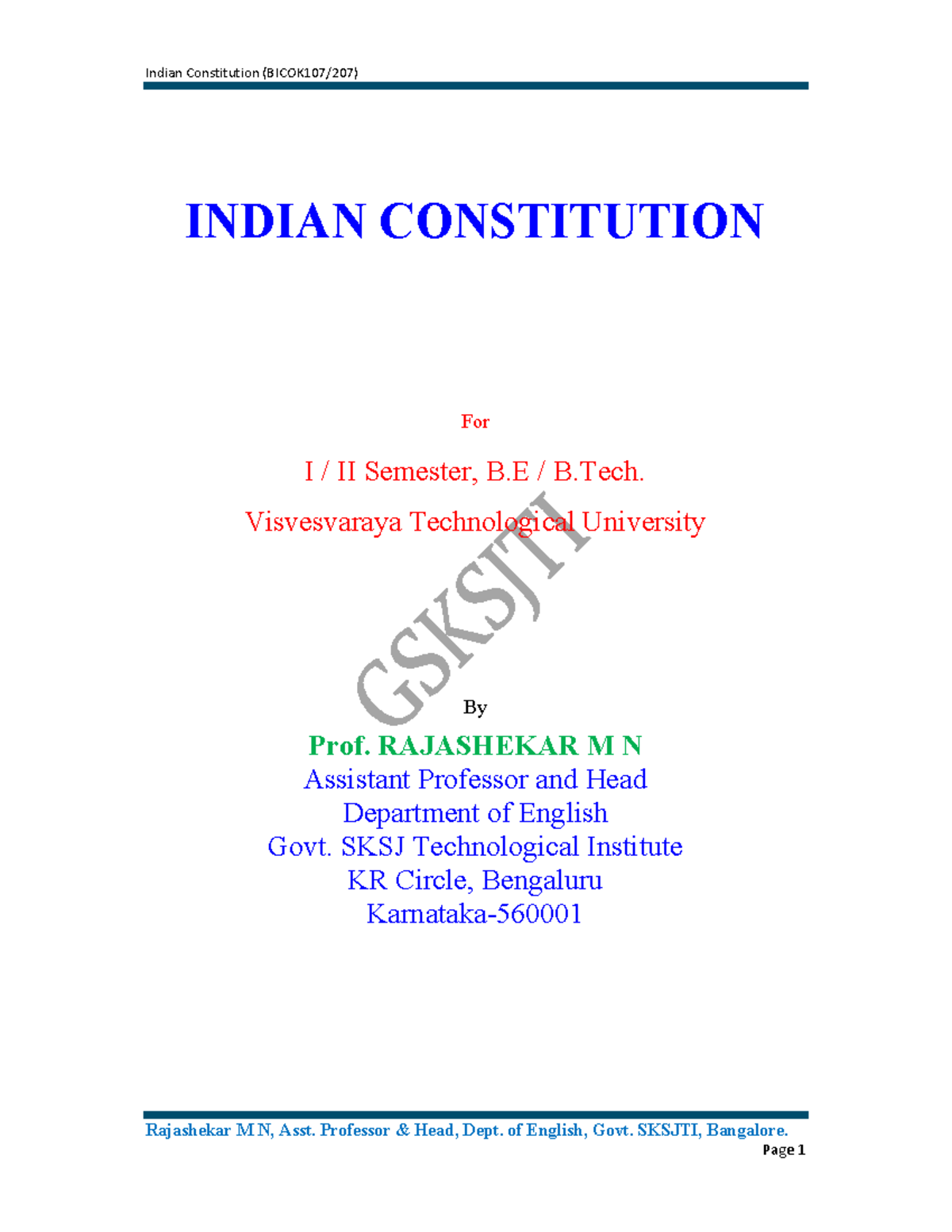 1st Study Material Indian Constitution Bicok 107 207 - Rajashekar M N, Asst. Professor & Head ...
