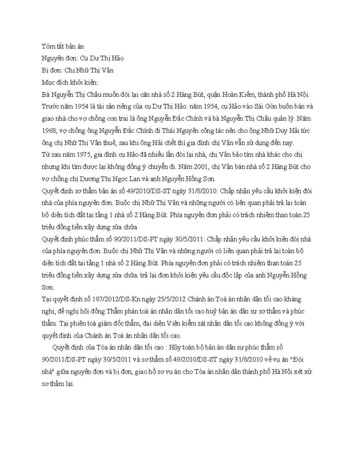 Thảo luận tuần 3 - sdcsdc - Tóm tắt bản án Nguyên đơn: Cụ Dư Thị Hảo Bị ...