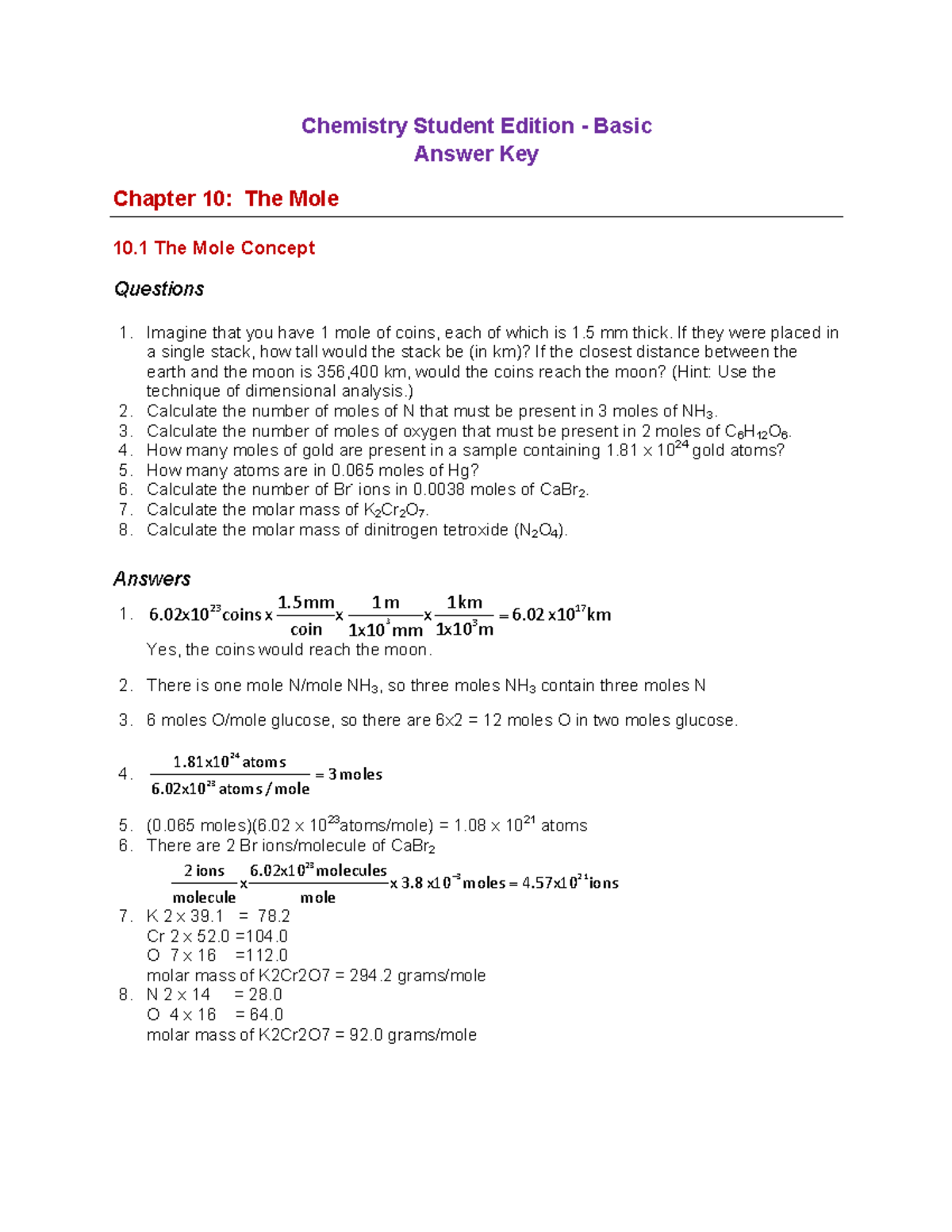 Chem Basic FB Answer Key Ch 10 (06 - Chemistry Student Edition - Basic ...