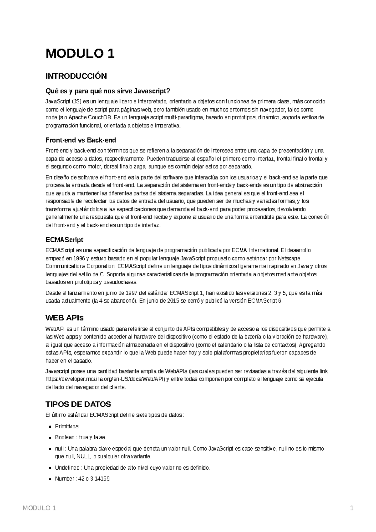 Modulo 1 - Curso ->Javascript Avanzado - MODULO 1 INTRODUCCIÓN Qué es y para qué nos sirve - Studocu