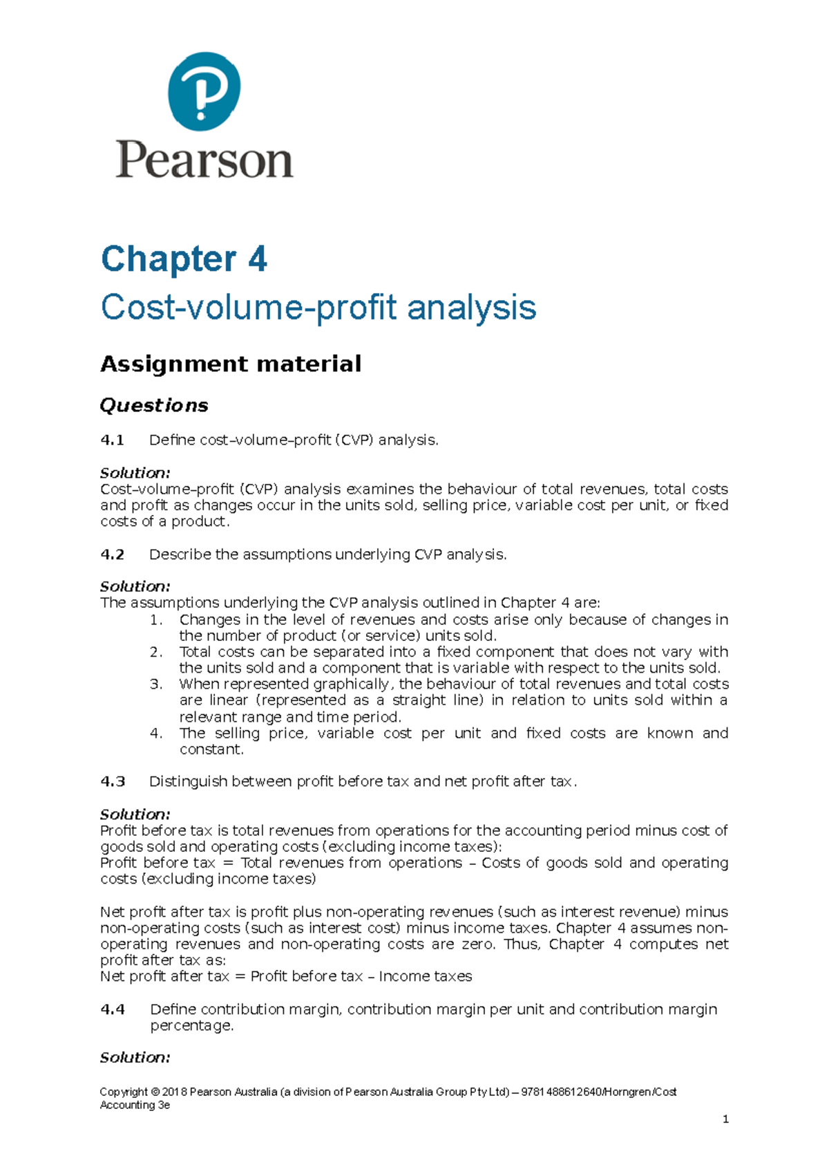 Chapter 4 - workshop answers - Chapter 4 Cost-volume-profit analysis Assignment material ...