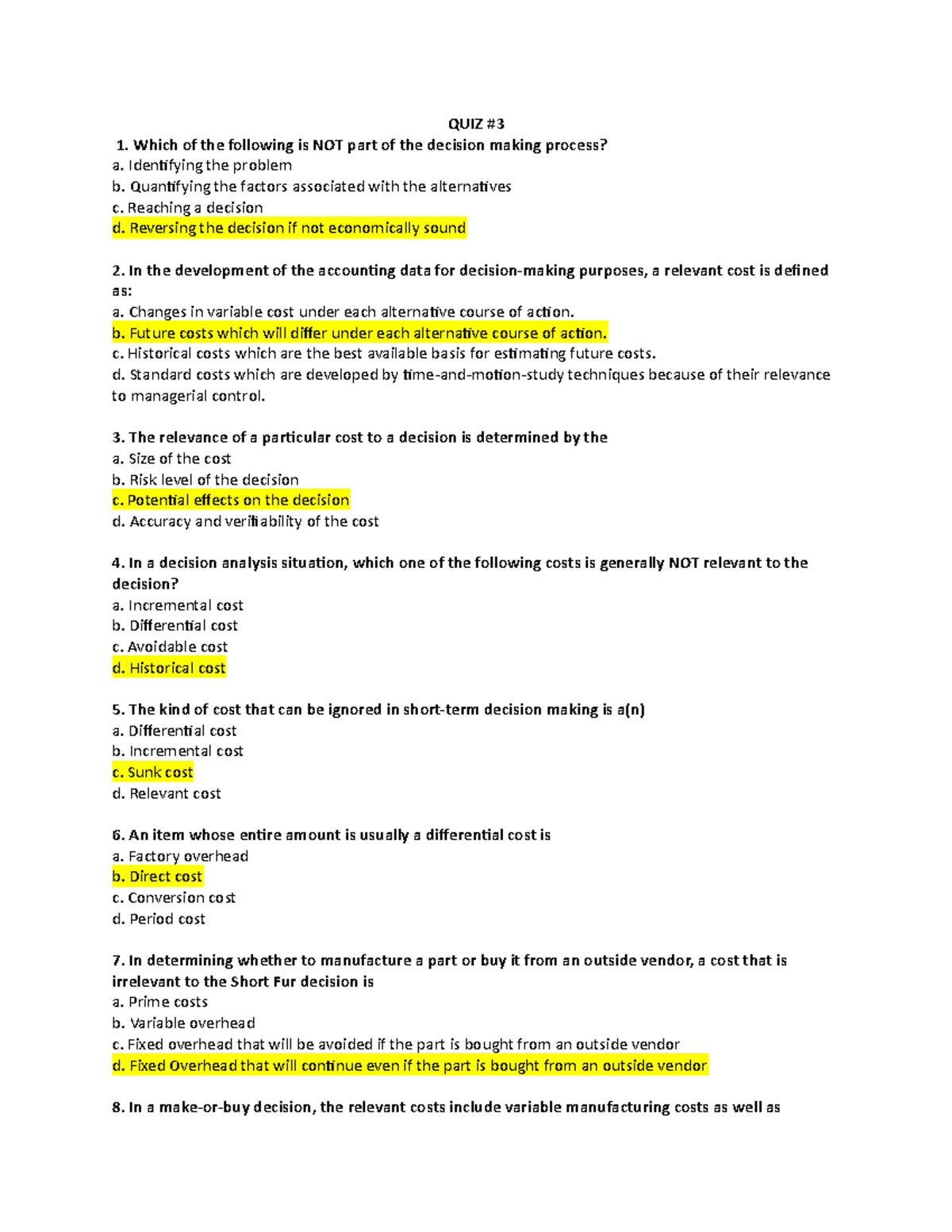 MAS QUIZ #3 - Questions and problems with answers about management ...