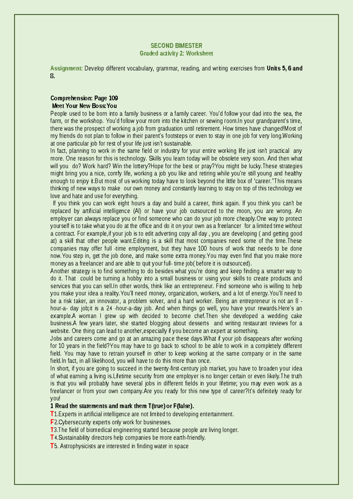 Worksheet Unit 5 6 and 8 - SECOND BIMESTER Graded activity 2: Worksheet ...