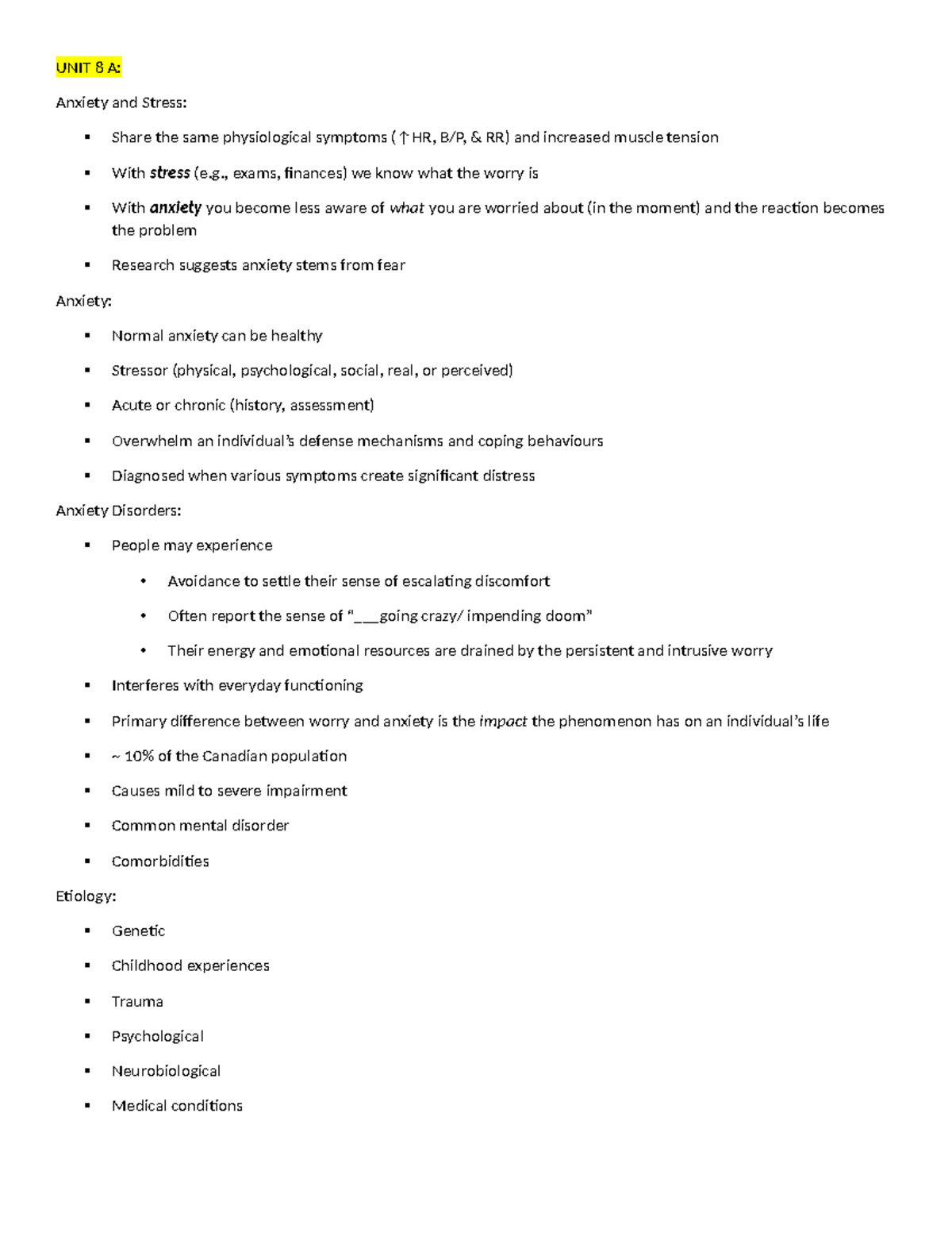 UNIT 8 A and 9 - Study notes from powerpoints - UNIT 8 A: Anxiety and ...