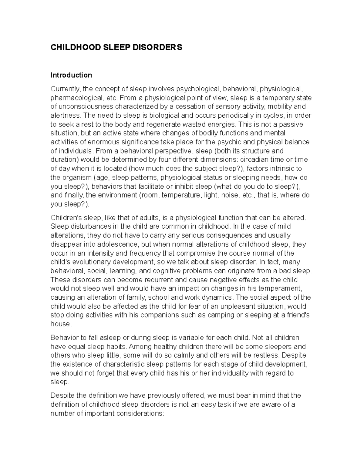 Childhood sleep disorders - CHILDHOOD SLEEP DISORDERS Introduction ...