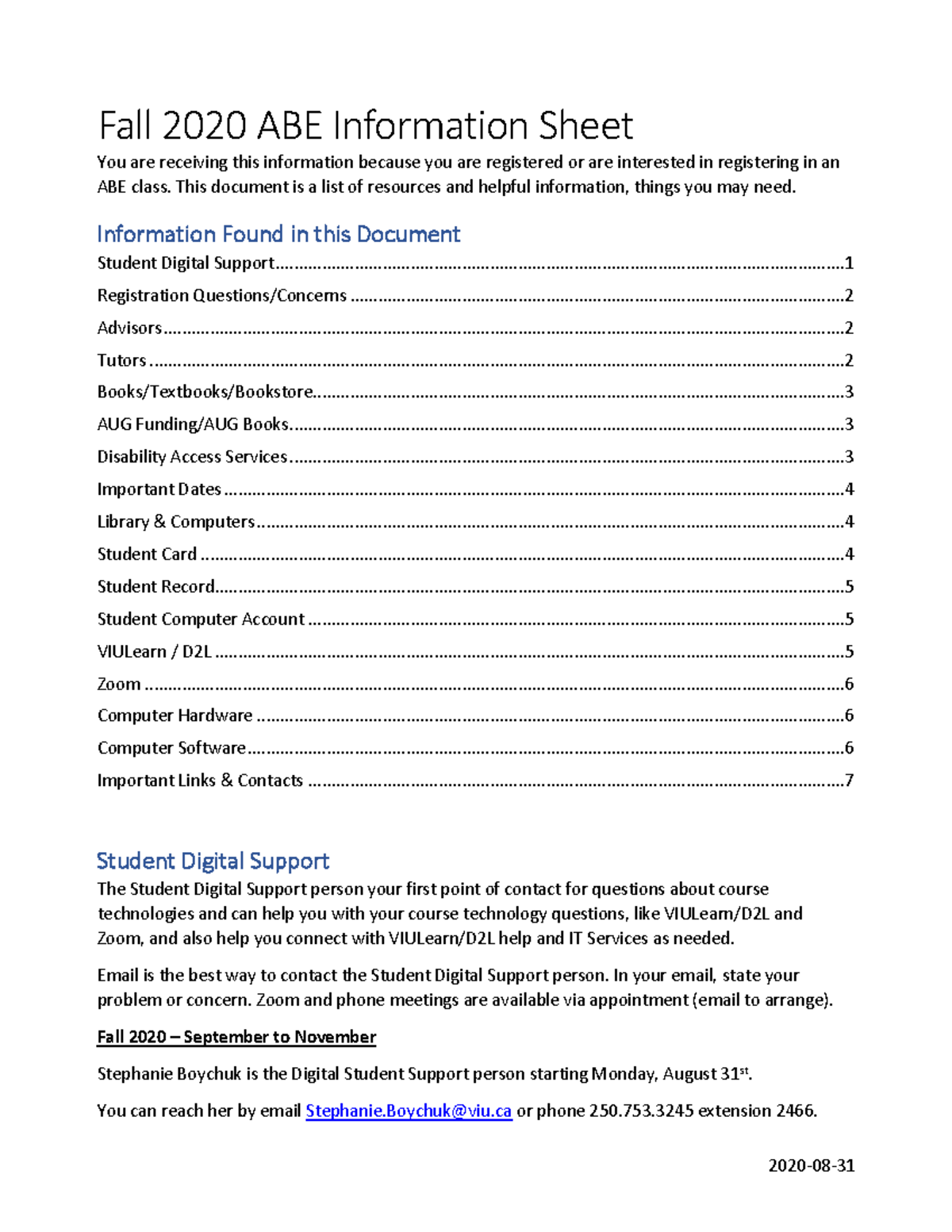 Student ABE Information Sheet Fall 2020 - 2020 - 08 - 31 Fall 2020 ABE ...