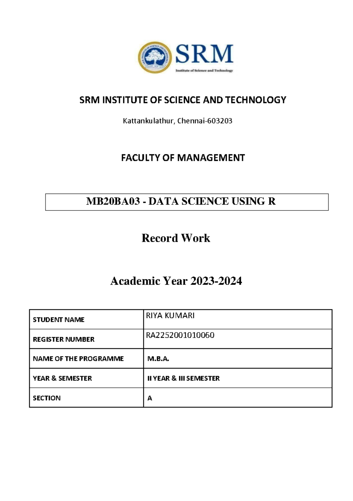 Riya data science - SRM INSTITUTE OF SCIENCE AND TECHNOLOGY ...