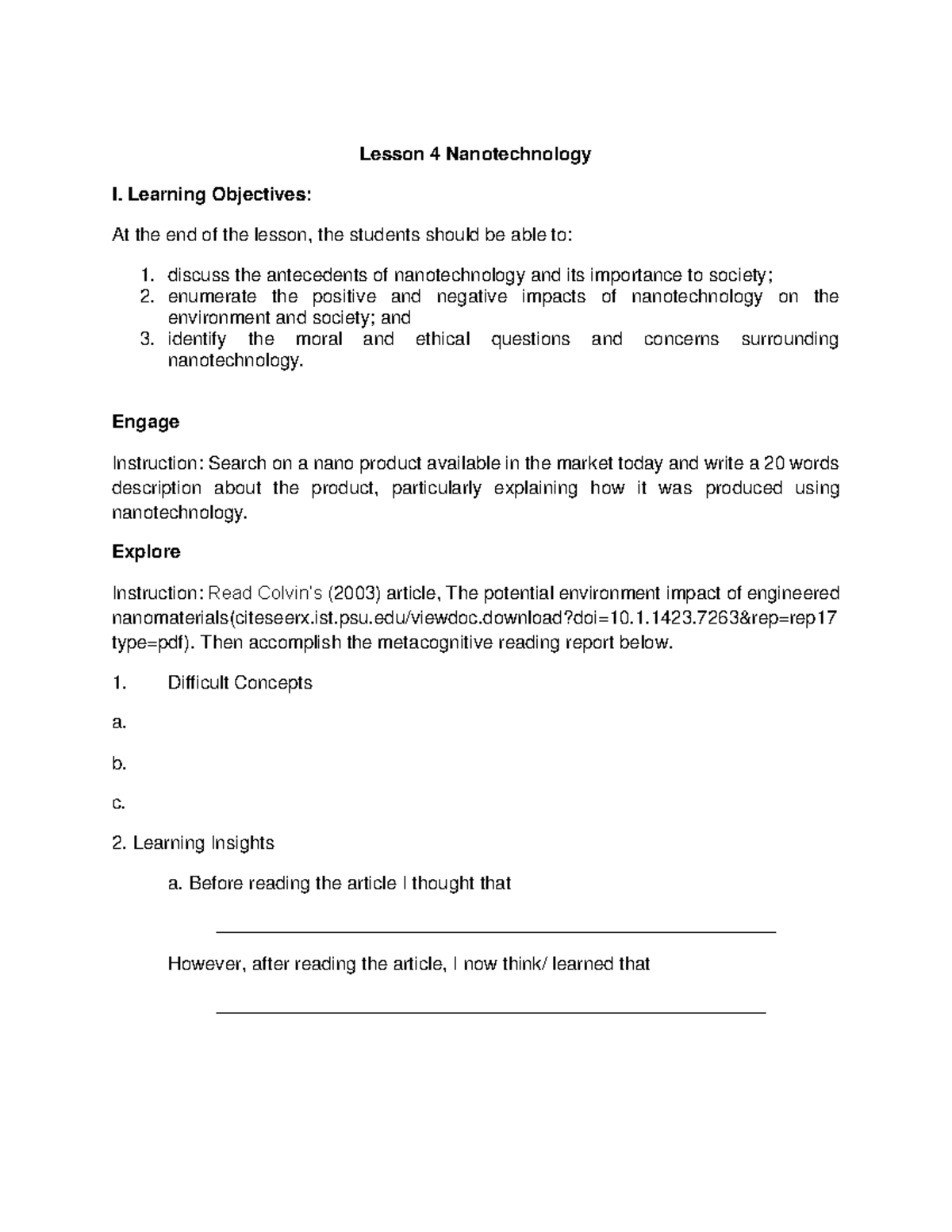 Lesson-4-Nanotechnology - Lesson 4 Nanotechnology I. Learning ...