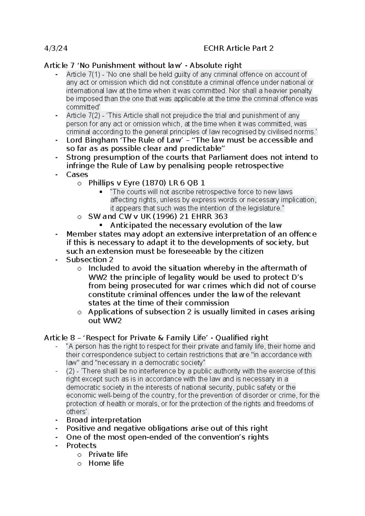ECHR aricle 7-11 lecture - 4/3/24 ECHR Article Part 2 Article 7 ‘No ...
