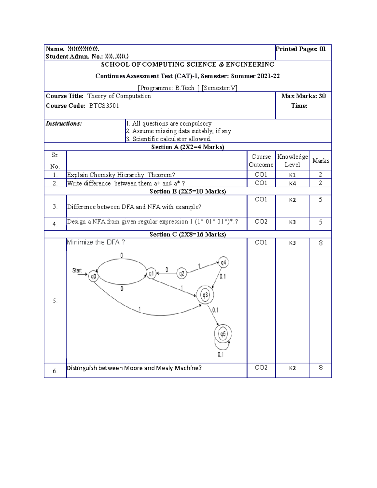 BTCS3501 Cat-1- Theory of computation - Name. . Student Admn. No ...