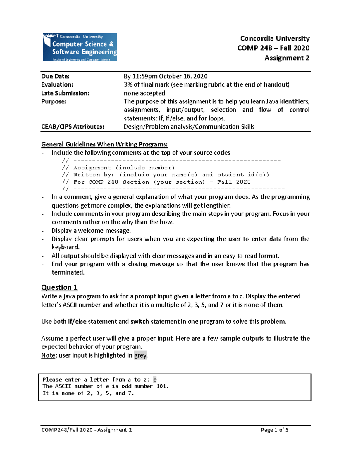 2020 Fall A2 - Exam - Concordia University COMP 248 – Fall 2020 Assignment 2 Due Date: By 11 ...