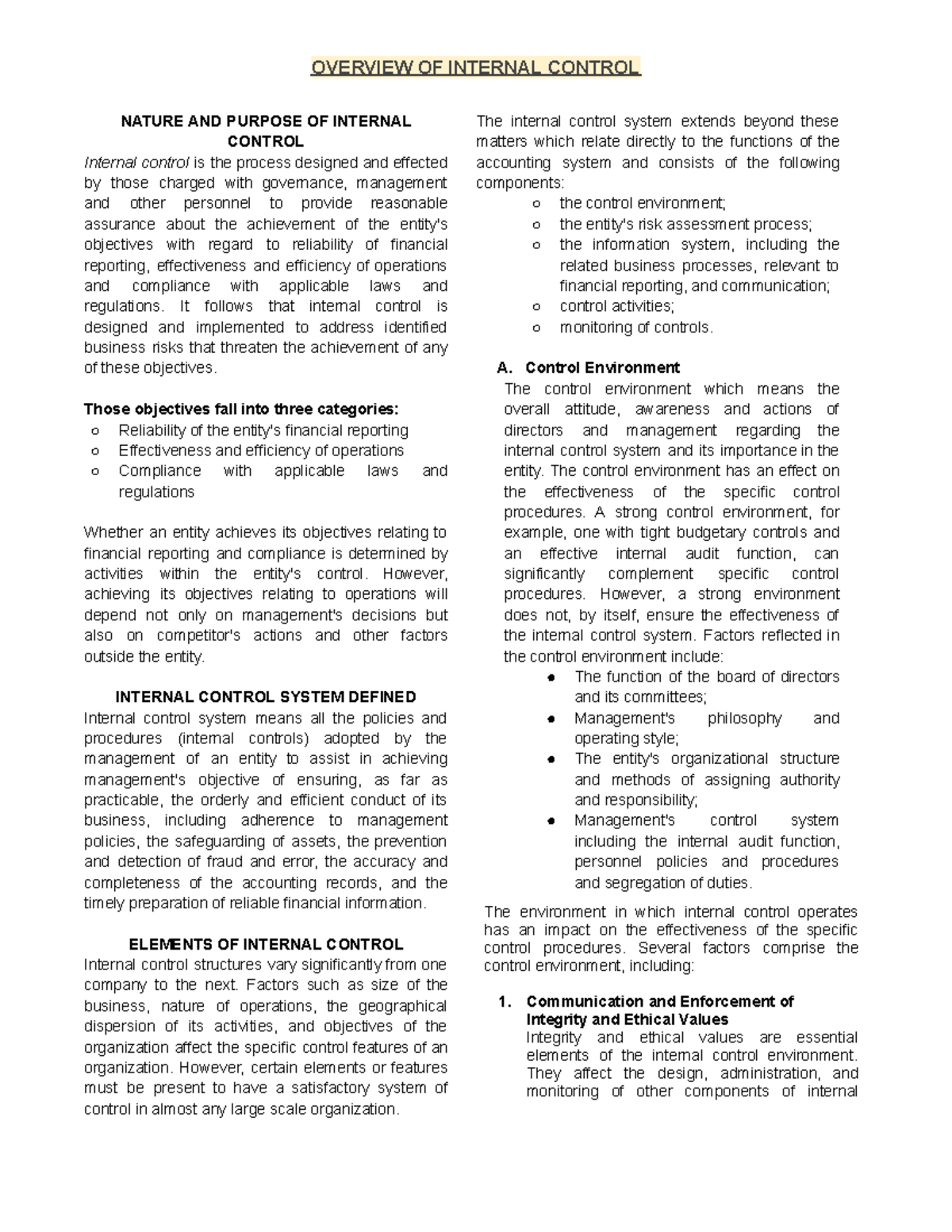 Topic 9 Overview OF Internal Control - NATURE AND PURPOSE OF INTERNAL ...