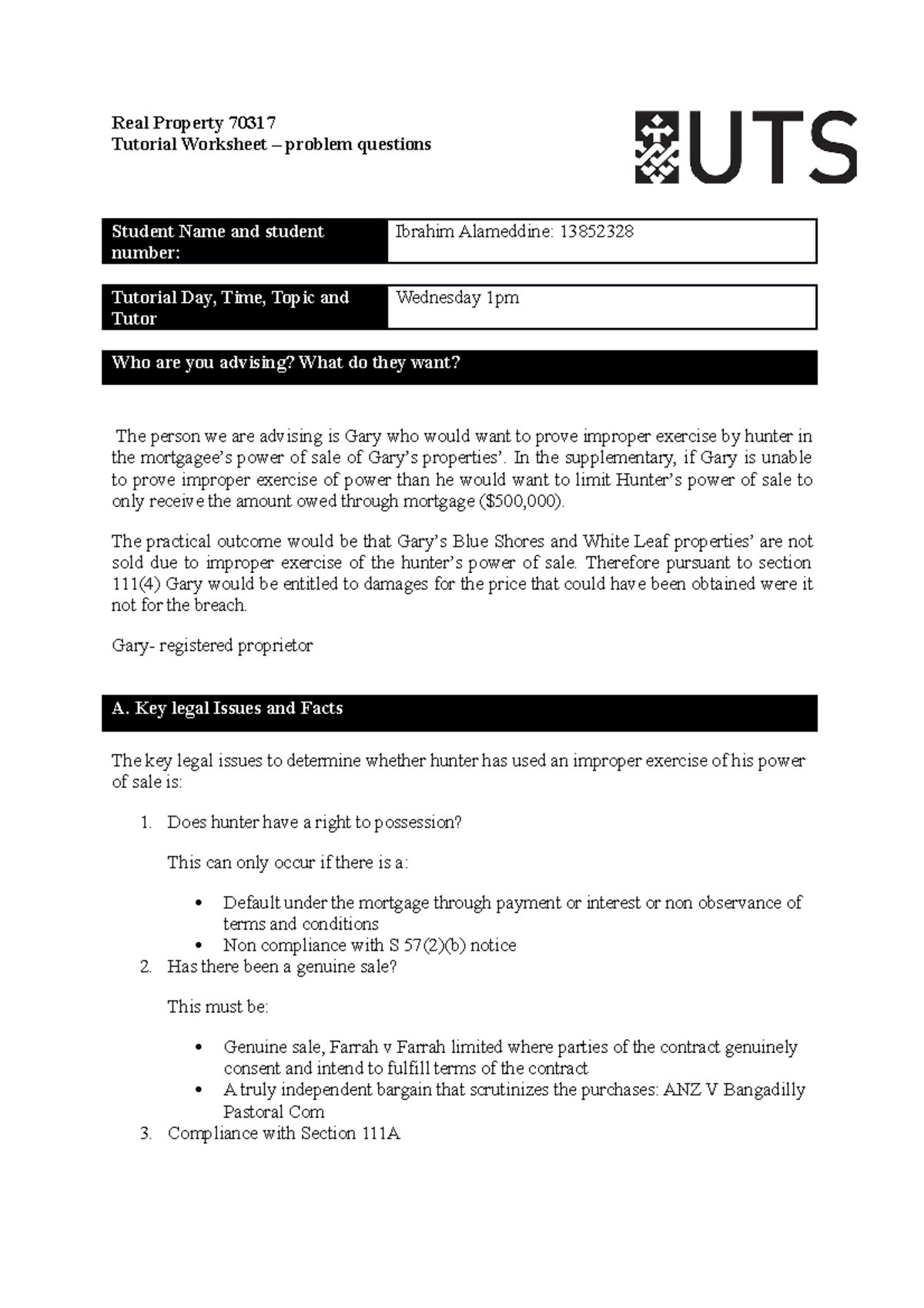 Pre-Tutorial 3 Worksheet - Real Property 70317 Tutorial Worksheet ...