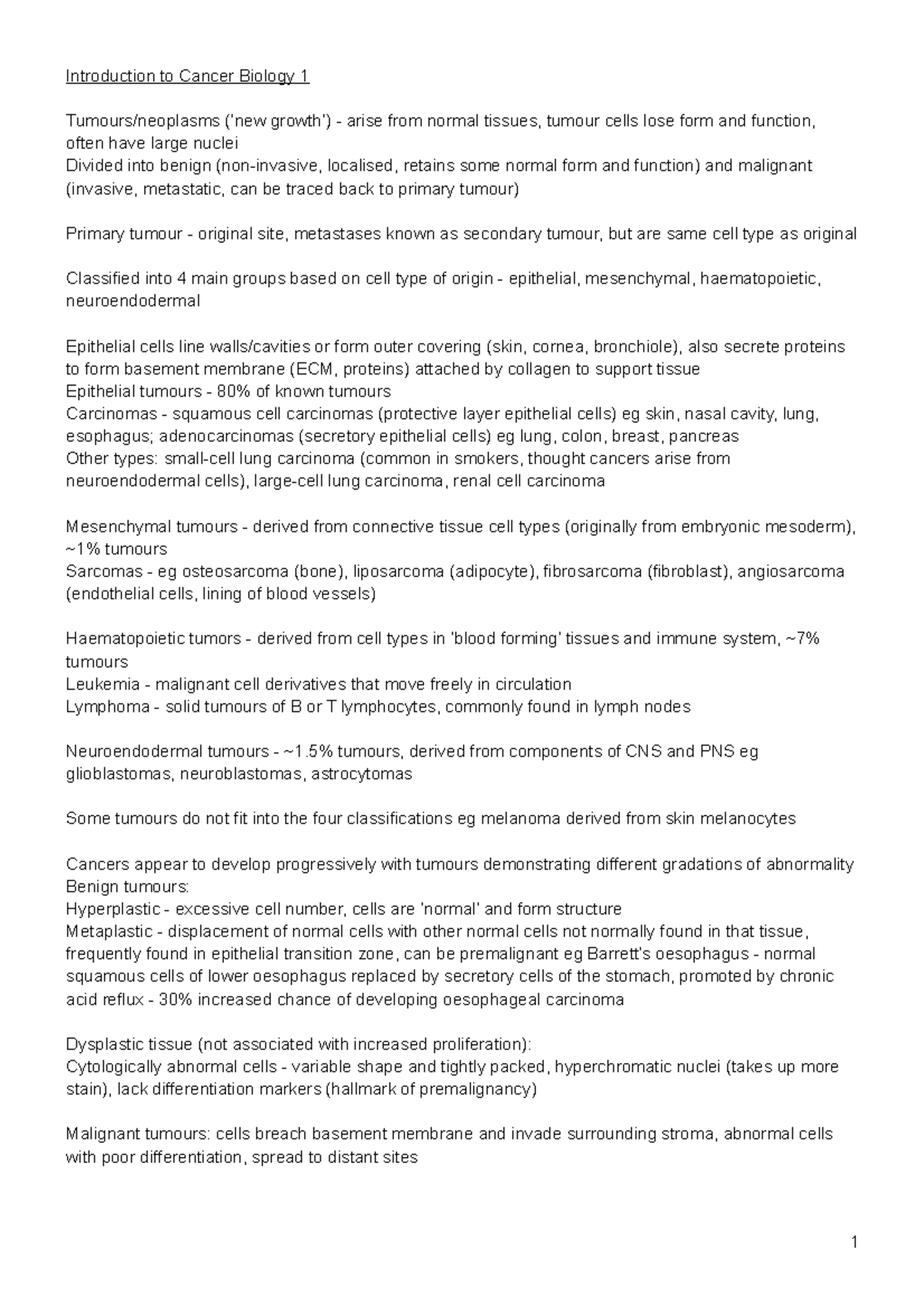 Cancer Biology - Lecture notes All - Introduction to Cancer Biology 1 ...