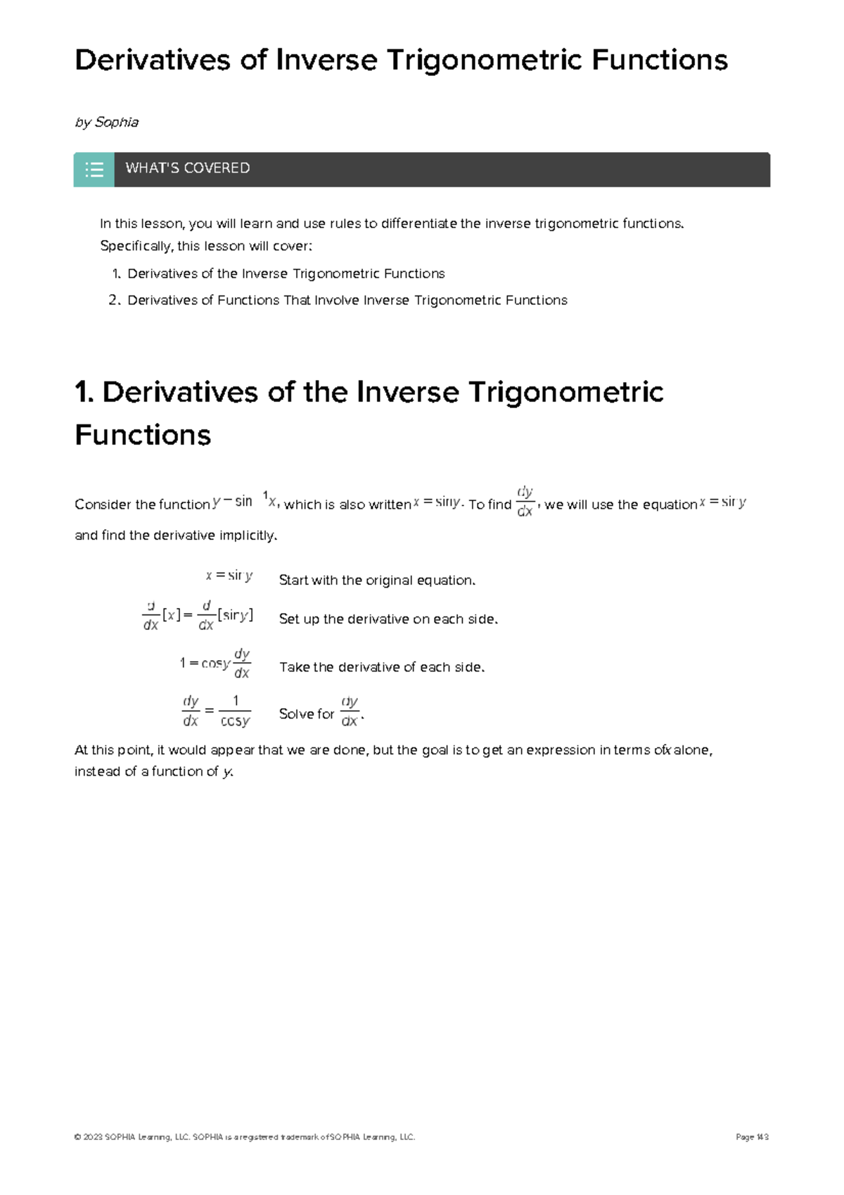 Calculus I unit-3-tutorials PDF9 - Derivatives of Inverse Trigonometric Functions by Sophia In ...